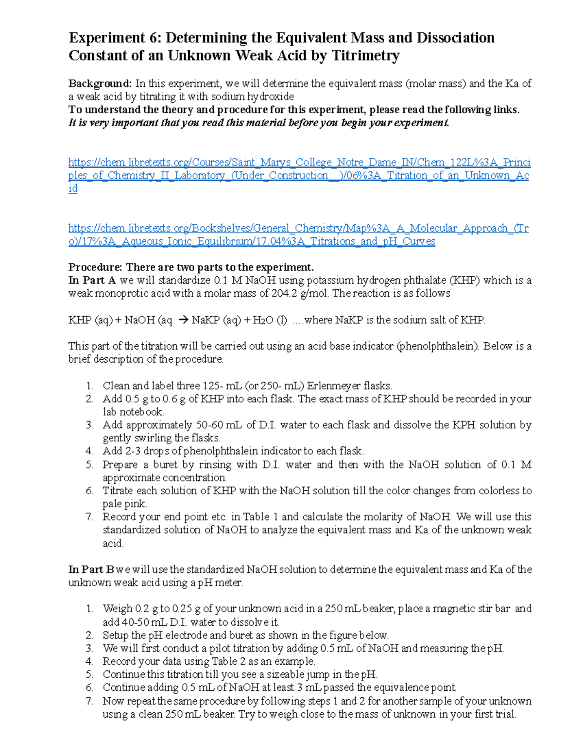 Experiment 6: Lab Procedure for Determining Equivalent Mass & Ka of ...