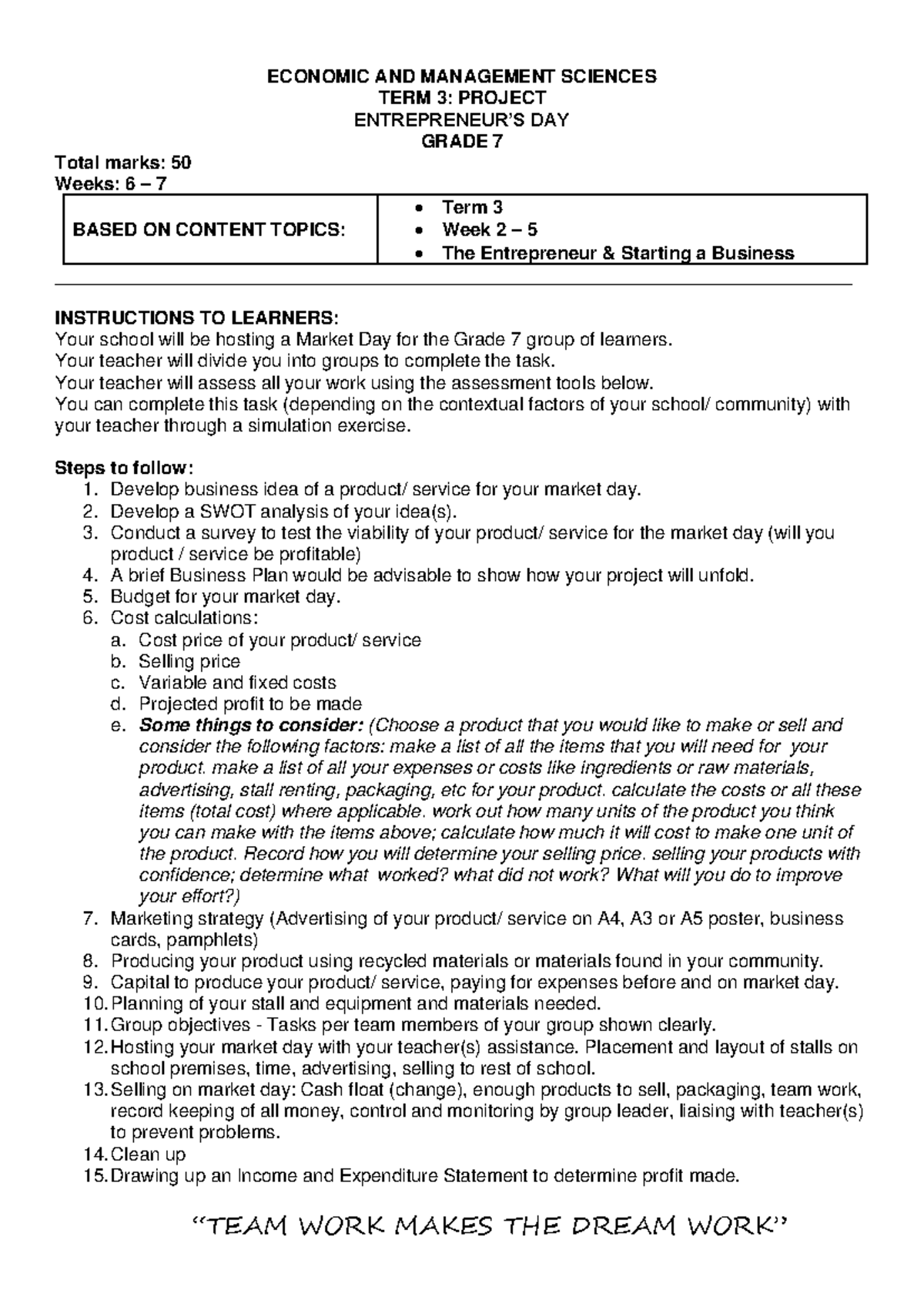 EMS Grade 7 TERM 3 Entrepreneur's Day Project Guide - Studocu