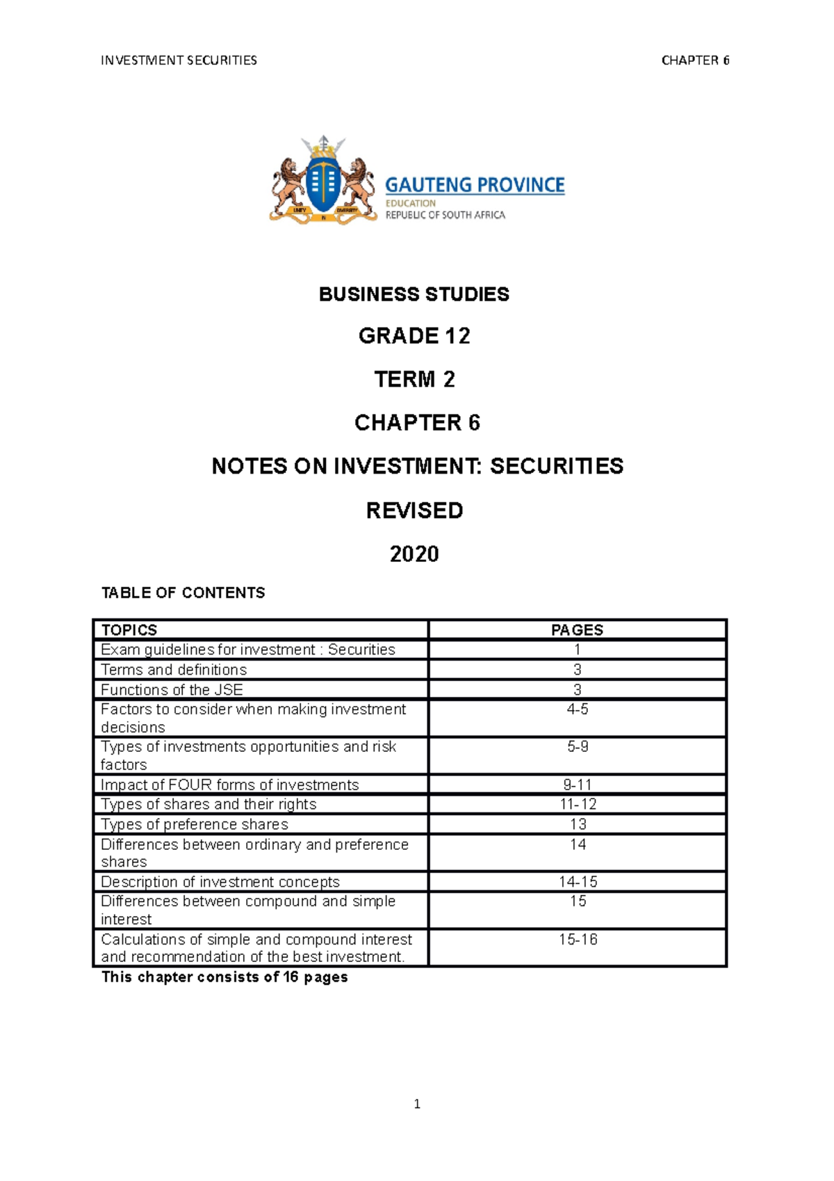 Revised Chapter 6: Business Studies Notes on Investment Securities ...