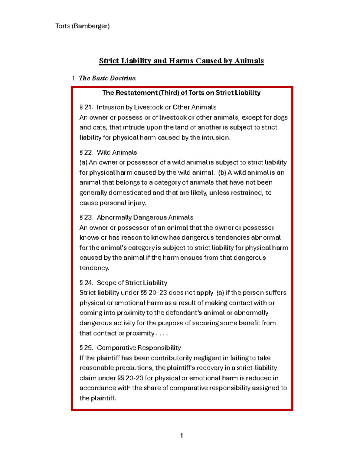 Torts (Bamberger) Strict Liability: Harms Caused by Animals - Studocu