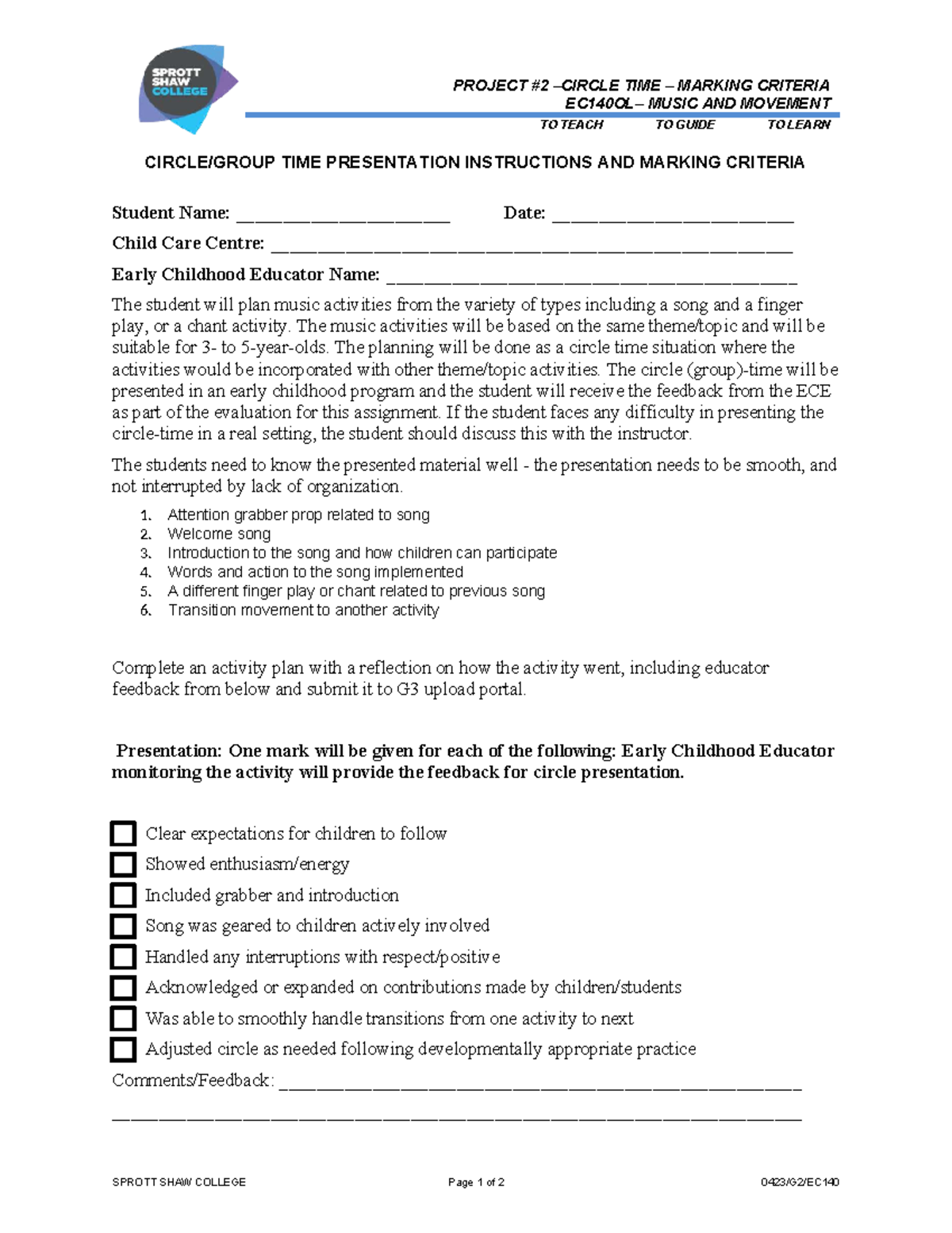 EC140 Assignment #2: Circle Time Music Activity Planning Guide - Studocu