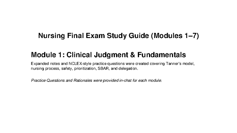 Nursing Final Exam Study Guide (Modules 1-7) with Practice Questions ...