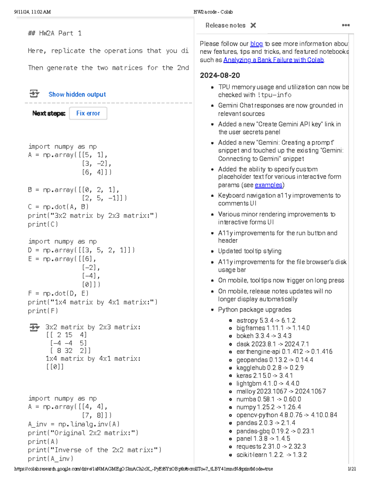 HW2A Colab Code Release Notes and Matrix Operations Guide - Studocu