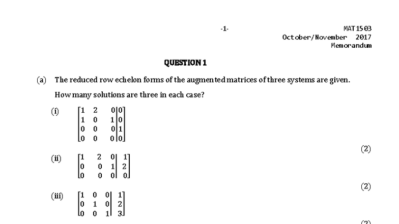 MAT1503 2017 Revised Memorandum: Solutions to Linear Systems and ...