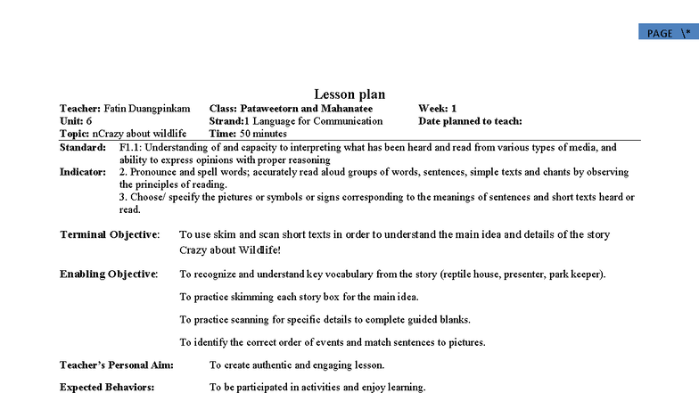 Grade 5 - Unit 6 Lesson Plan: Crazy About Wildlife Activities - Studocu