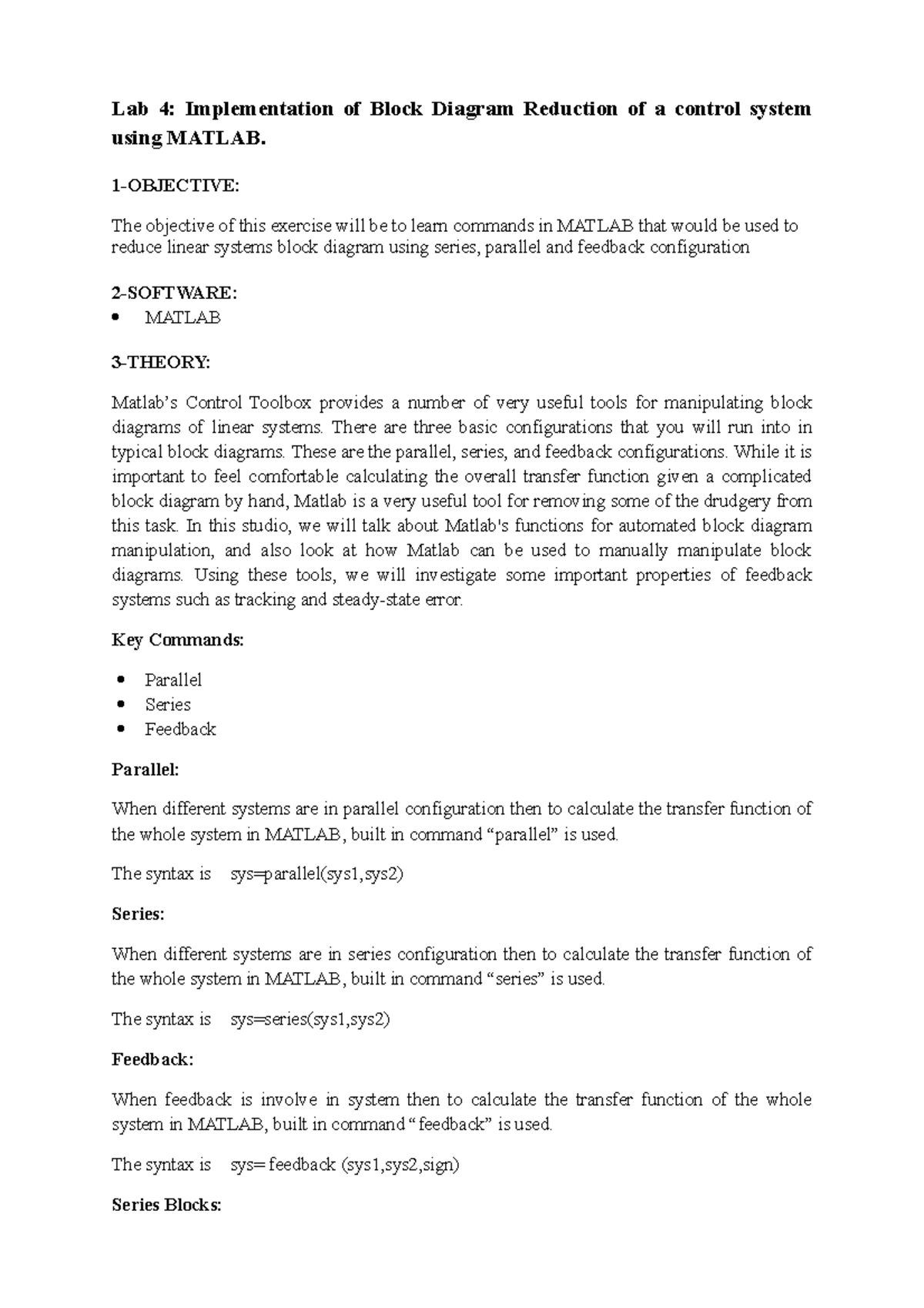 Lab 4: Block Diagram Reduction in Control Systems Using MATLAB - Studocu