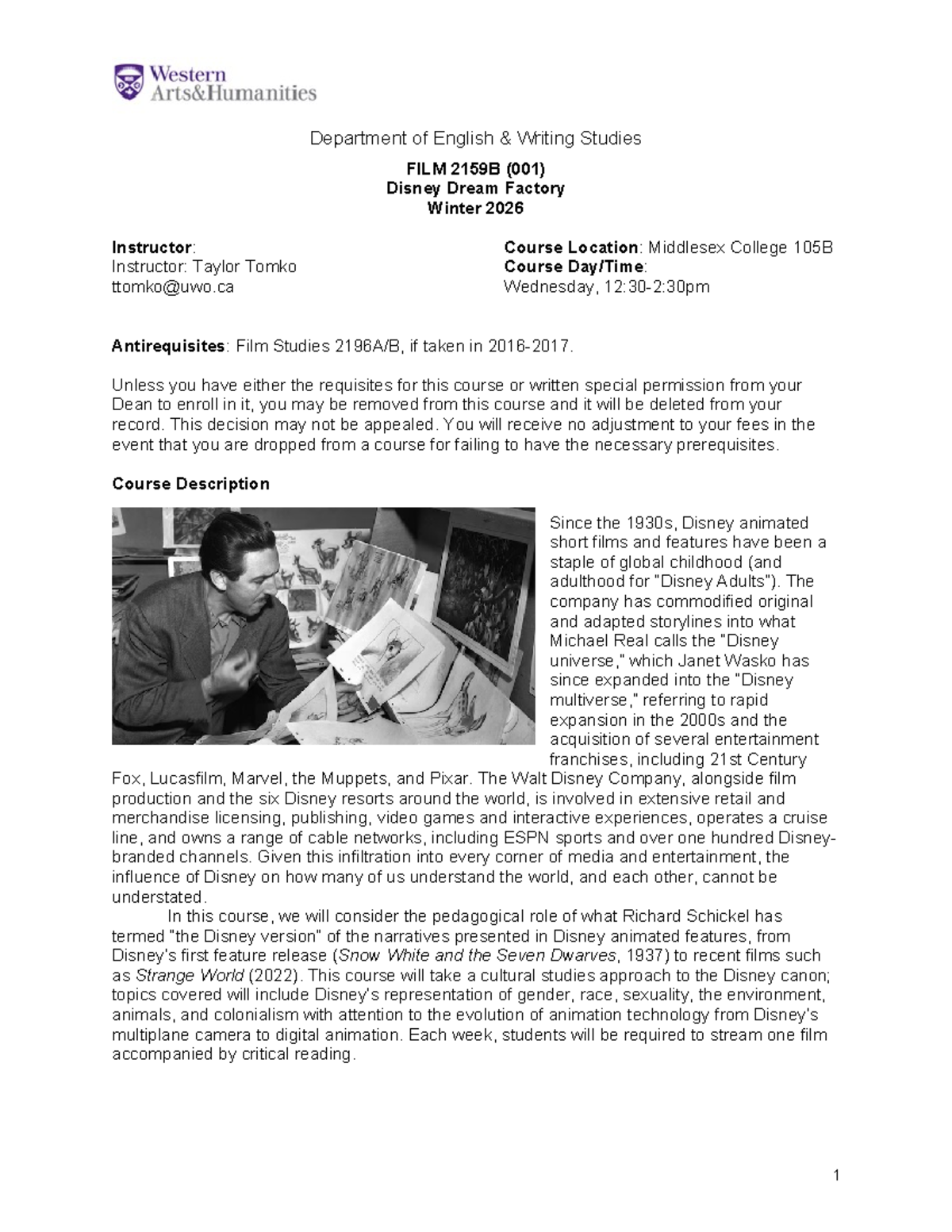 FILM 2159B 001 Disney Dream Factory Course Syllabus Winter 2026 - Studocu