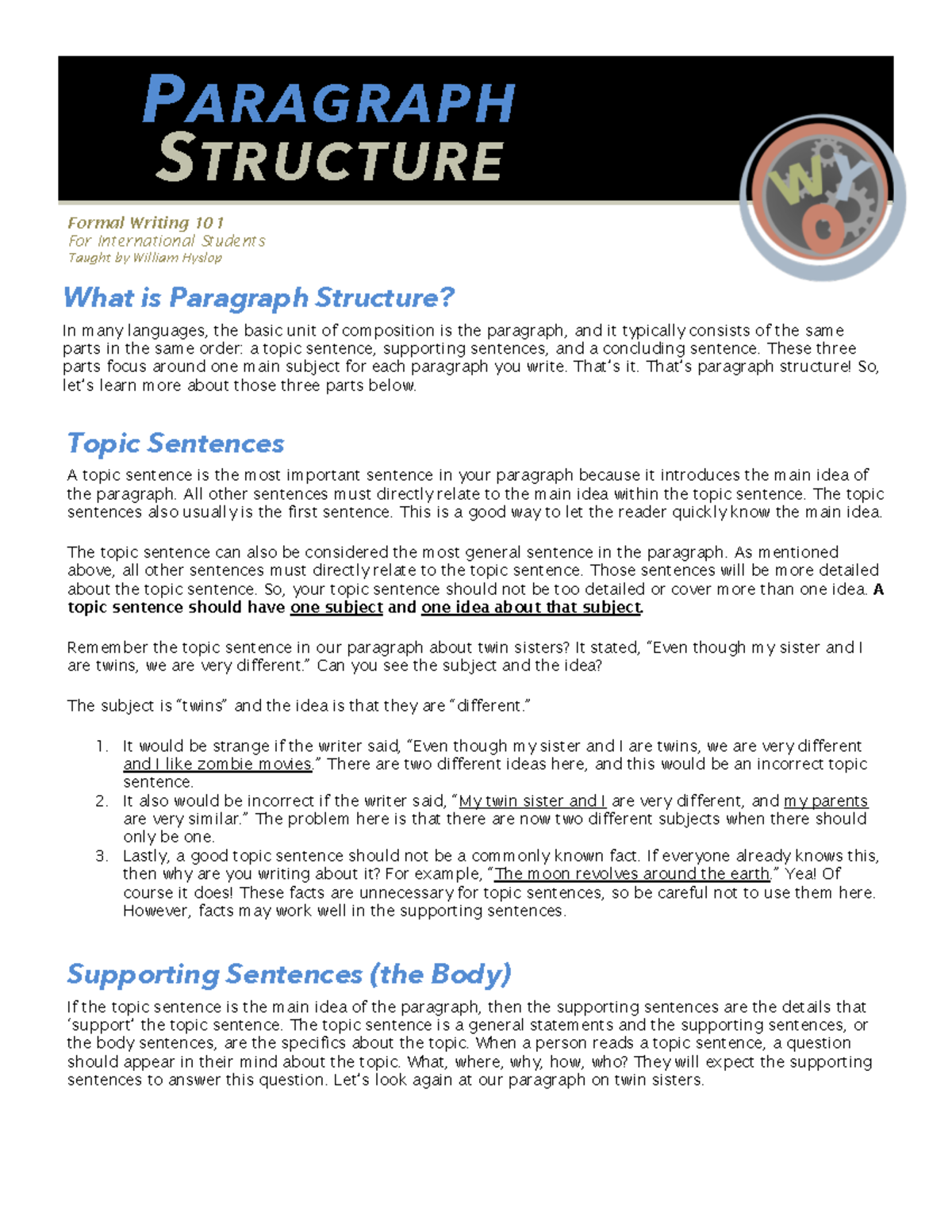 Paragraph Structure Worksheet for Formal Writing 101 - Studocu
