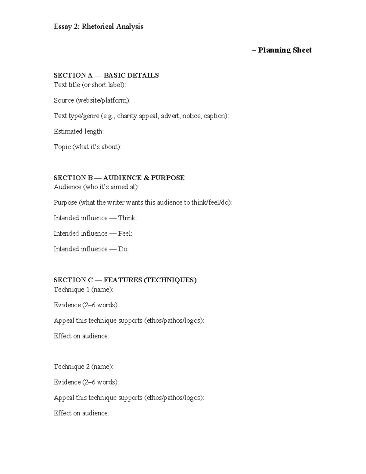 Essay 2: Rhetorical Analysis Planning Sheet (ENG 101) - Studocu