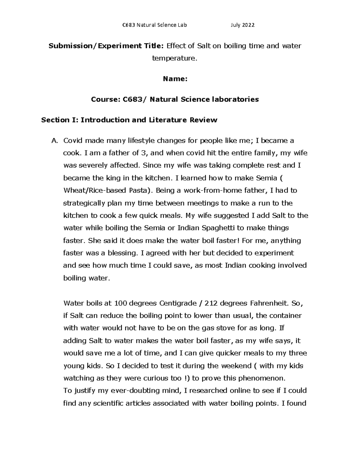 C683 - Natural Science Lab: Effect of Salt on Water Boiling Time - Studocu