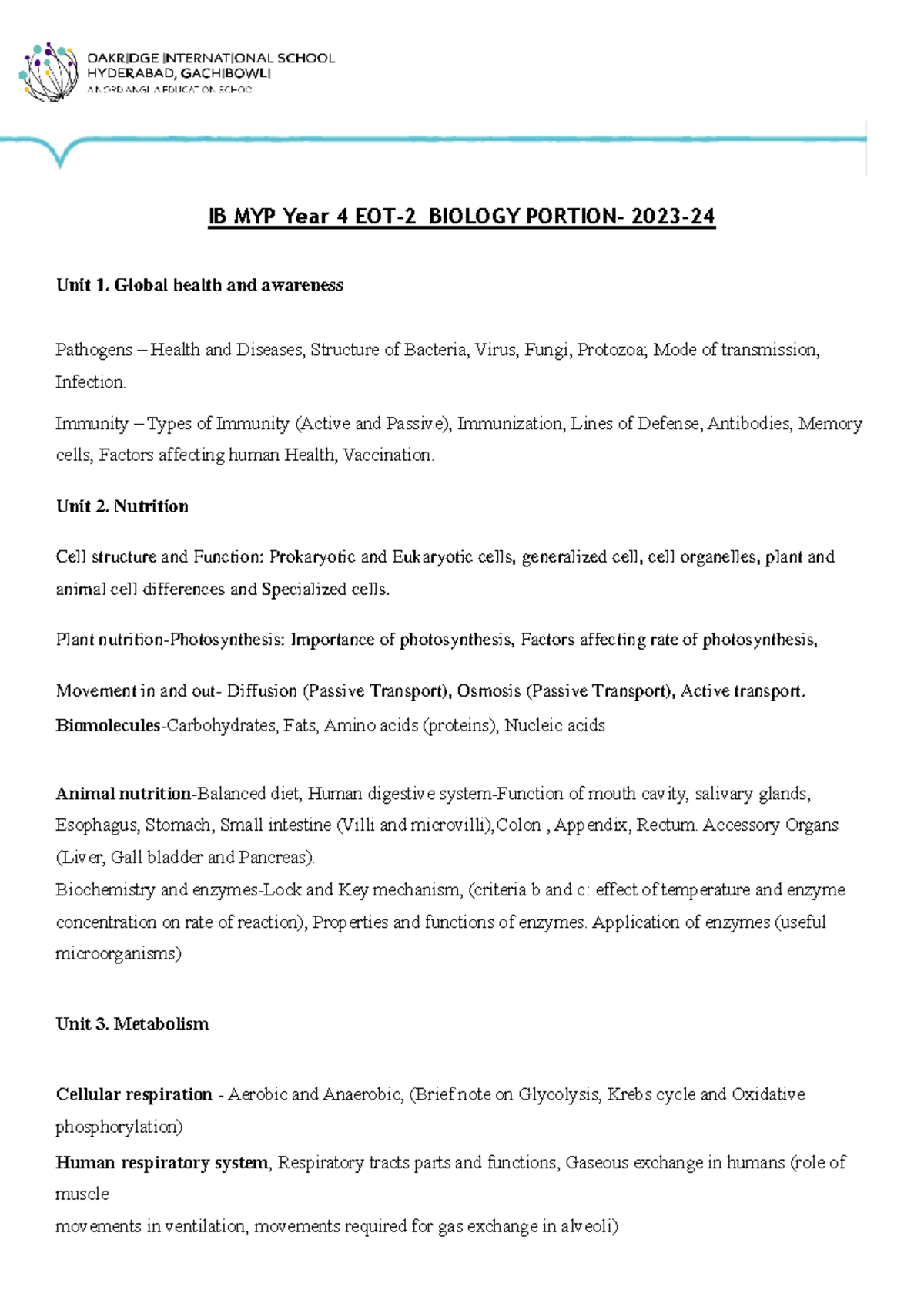 IB MYP 4 Biology EOT Portion - Year 2023-24 Study Guide - Studocu