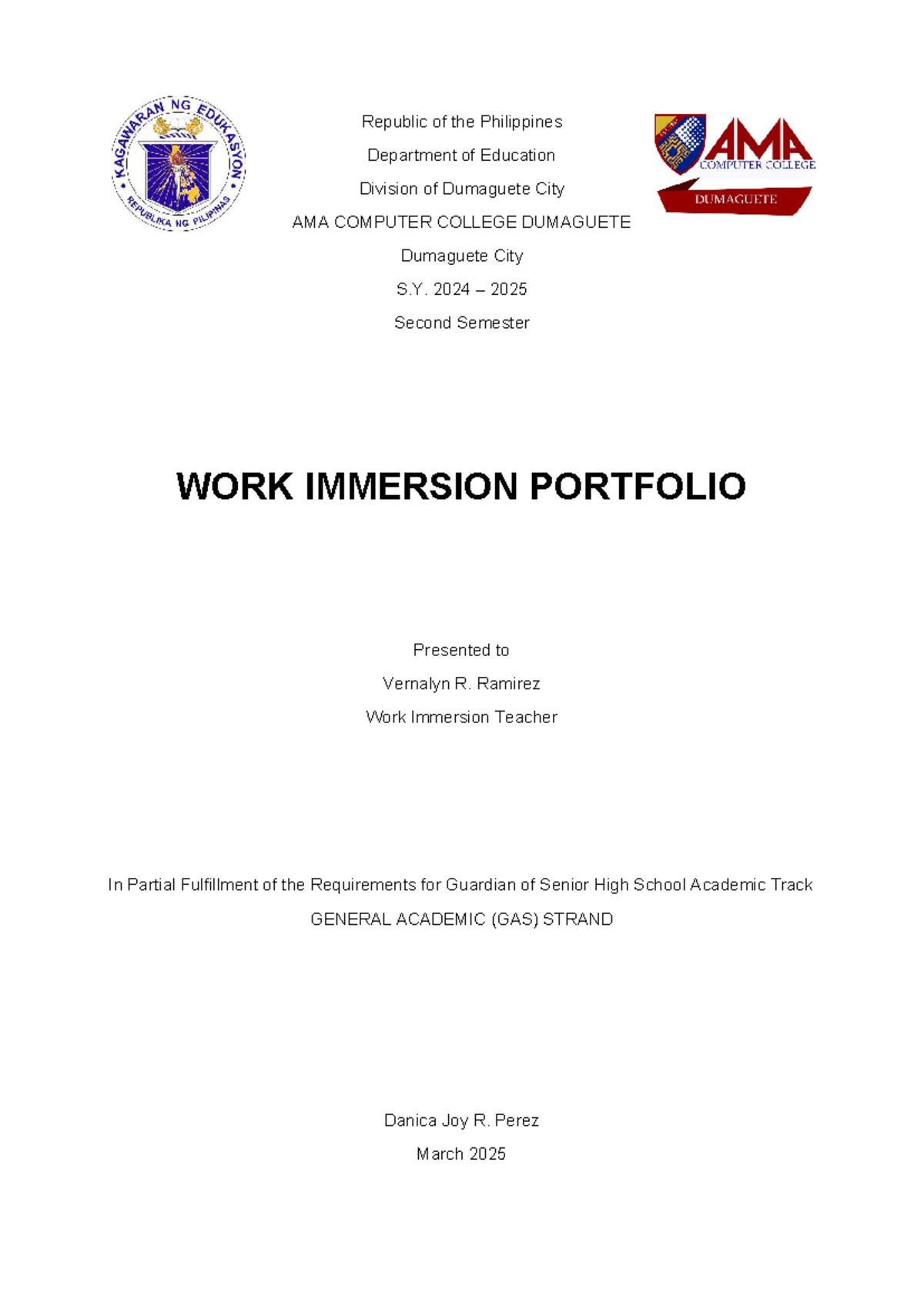 A4 Work Immersion Portfolio Cover 1 - Senior High - Republic of the ...