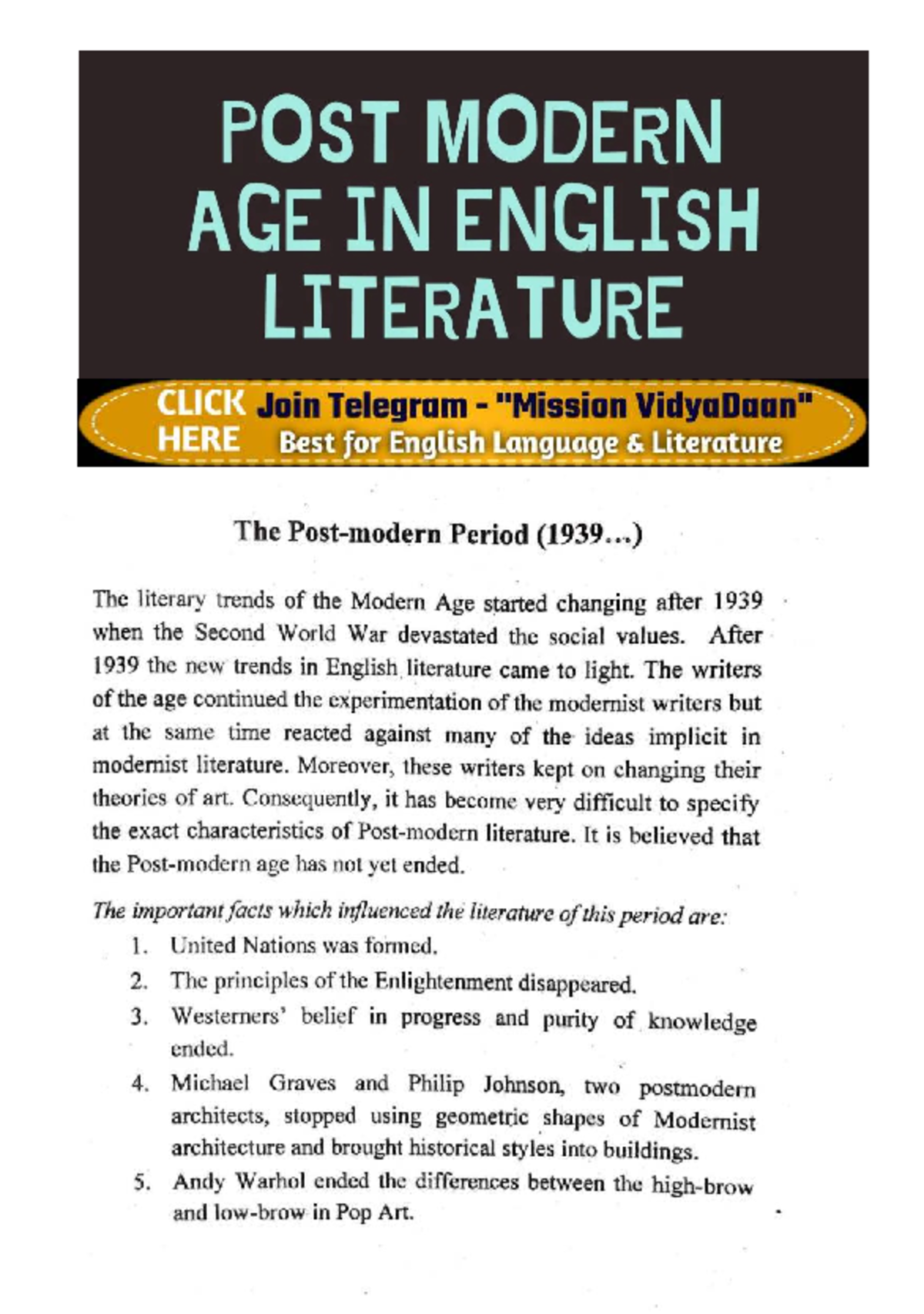 The Post Modern Period English Literature - B.a. B.ed. Integrated - Studocu