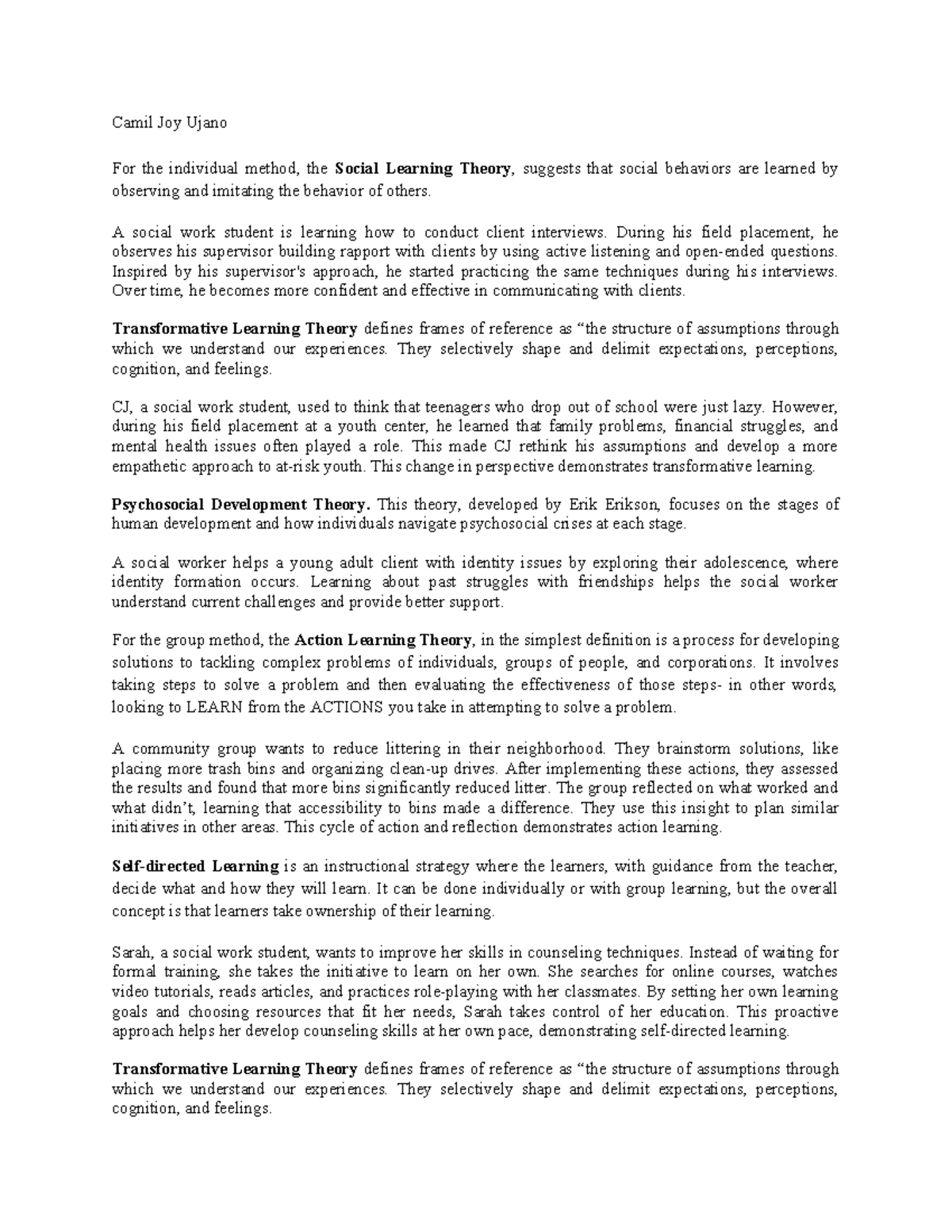 SW123 - Practice Activity: Exploring Learning Theories in Social Work - Studocu