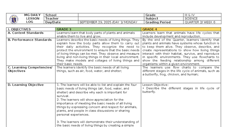 MG DAILY LESSON LOG: Grade 3 Science - Basic Needs & Life Cycle of ...