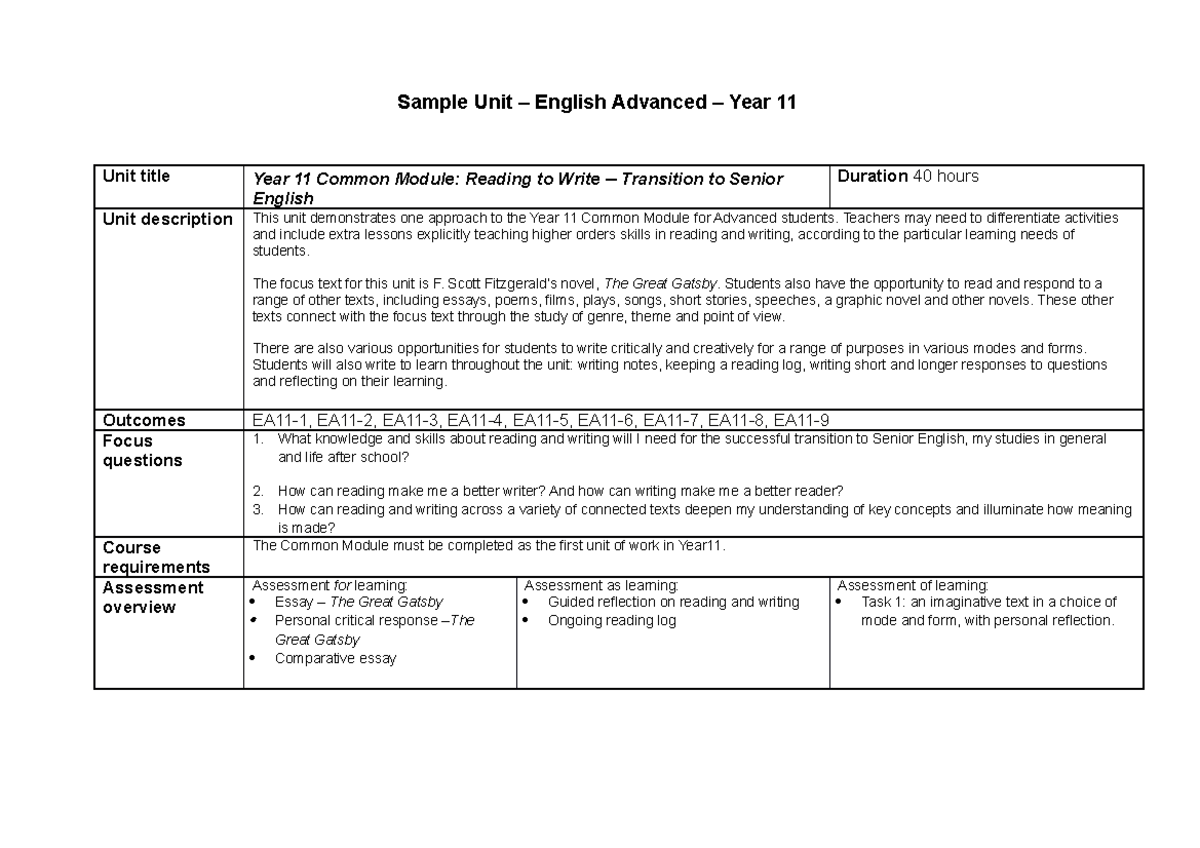 English advanced yr 11 reading to write unit - Sample Unit – English ...
