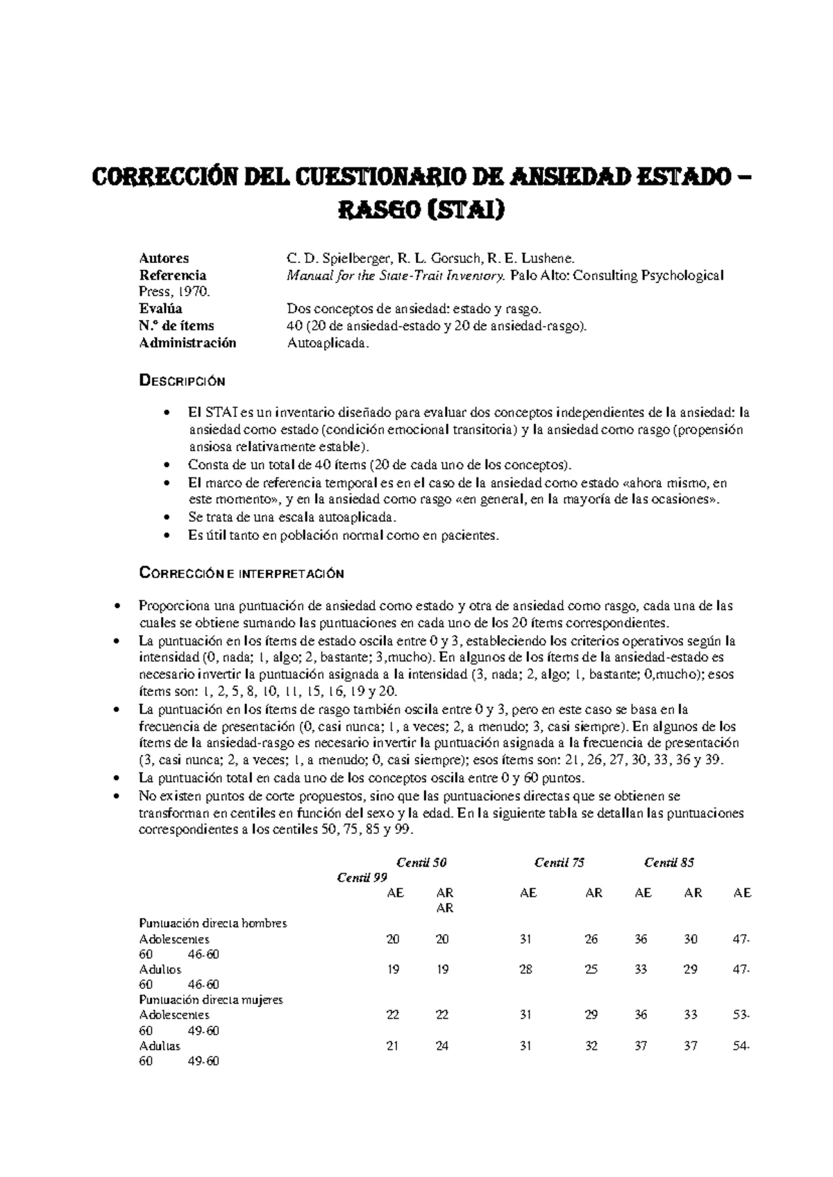 Corrección DEL Cuestionario de ansiedad estado – rasgo (Stai ...