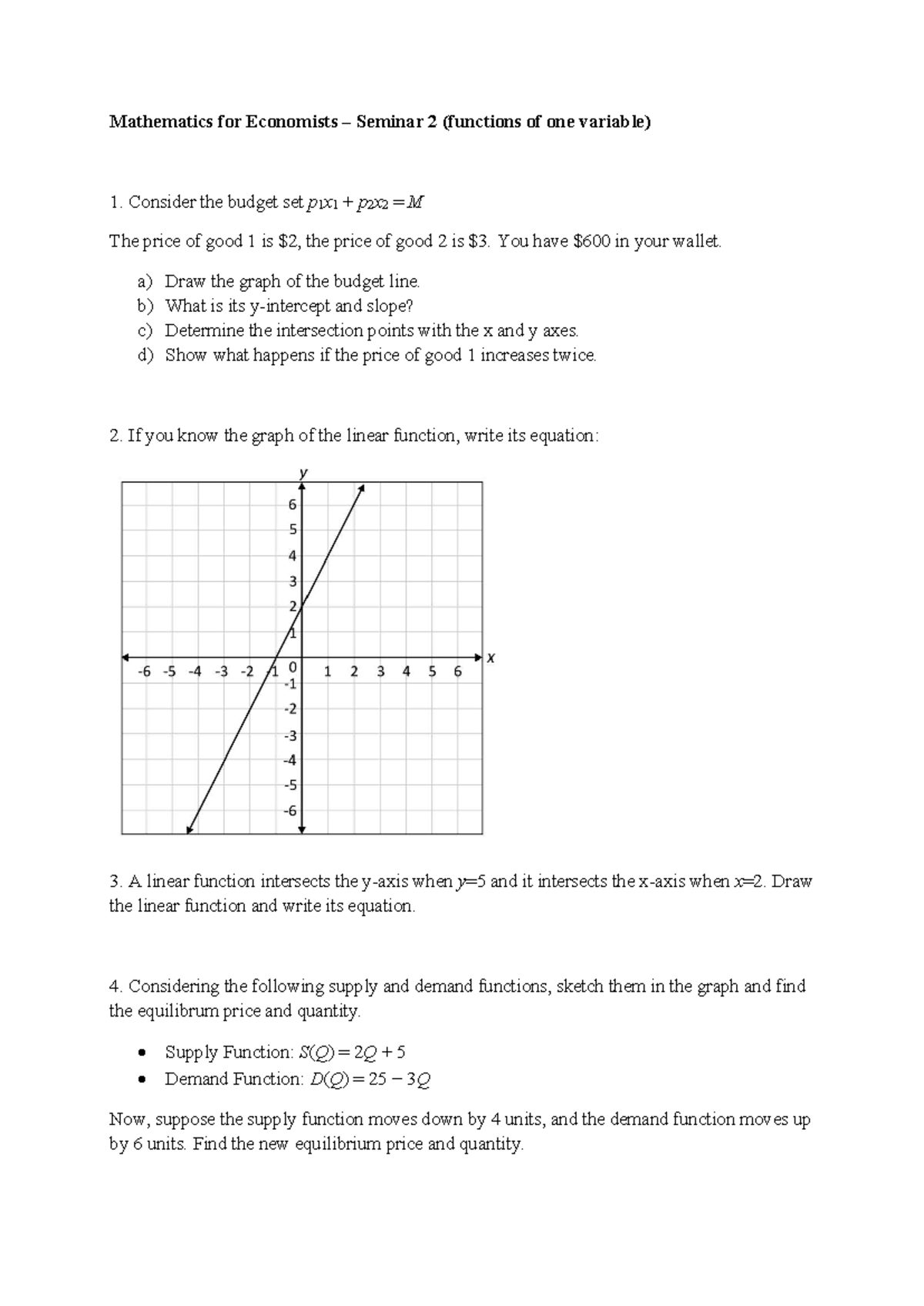 Mathematics for Economists Seminar 2: Functions of One Variable - Studocu