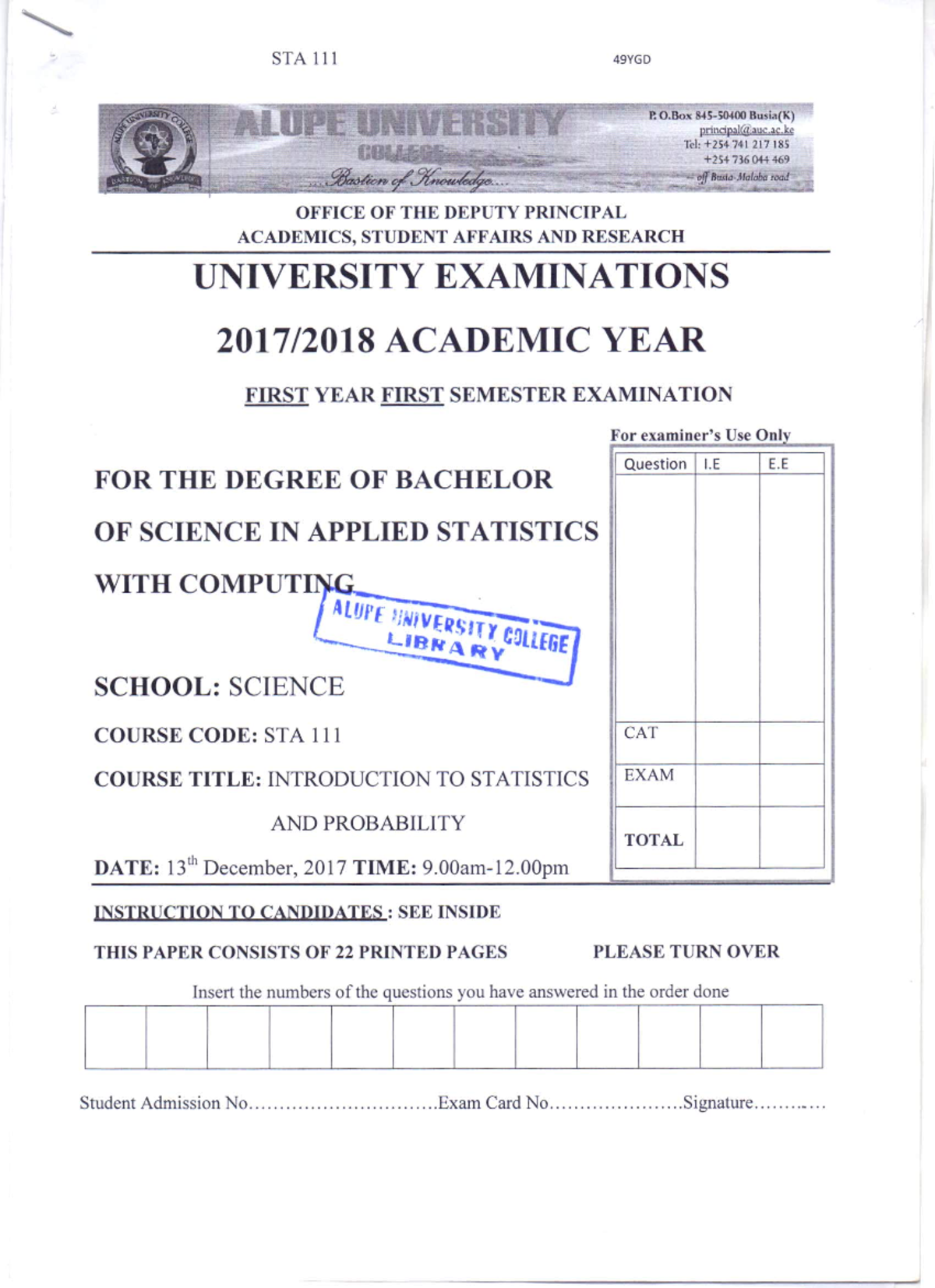 STA 111 Final Exam: Introduction to Statistics and Probability - Studocu