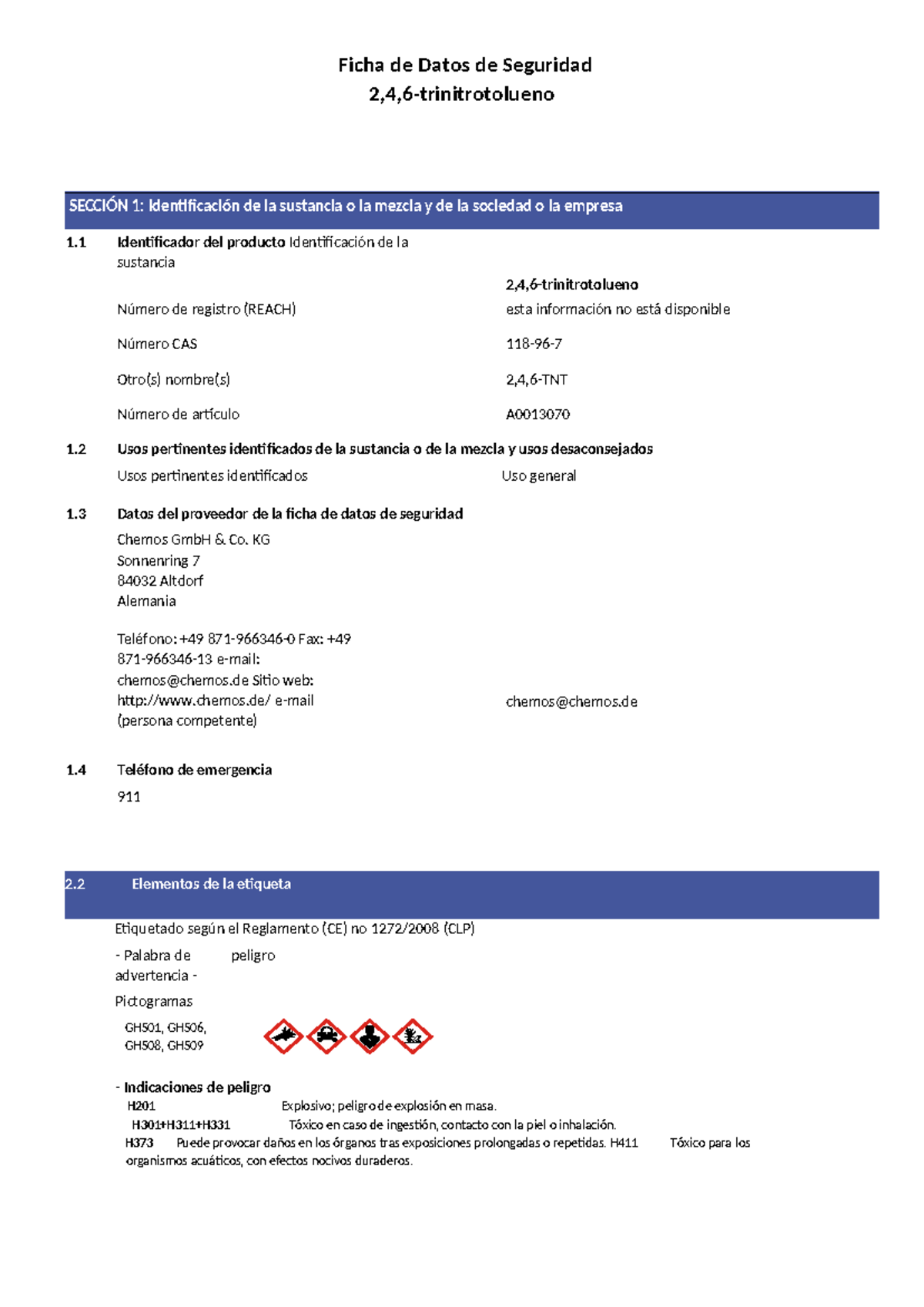 Ficha de seguridad del 2,4,6-trinitrotolueno (TNT) - Hoja de datos - Studocu