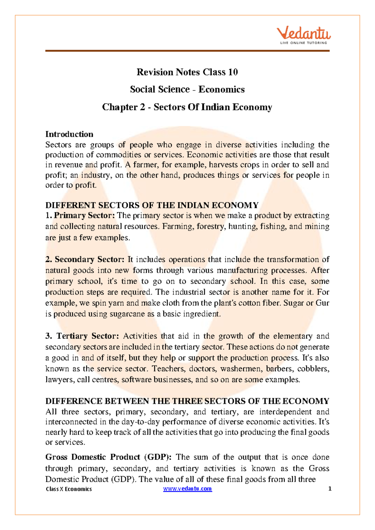 Economics Class 10 Revision Notes: Sectors of Indian Economy - Studocu