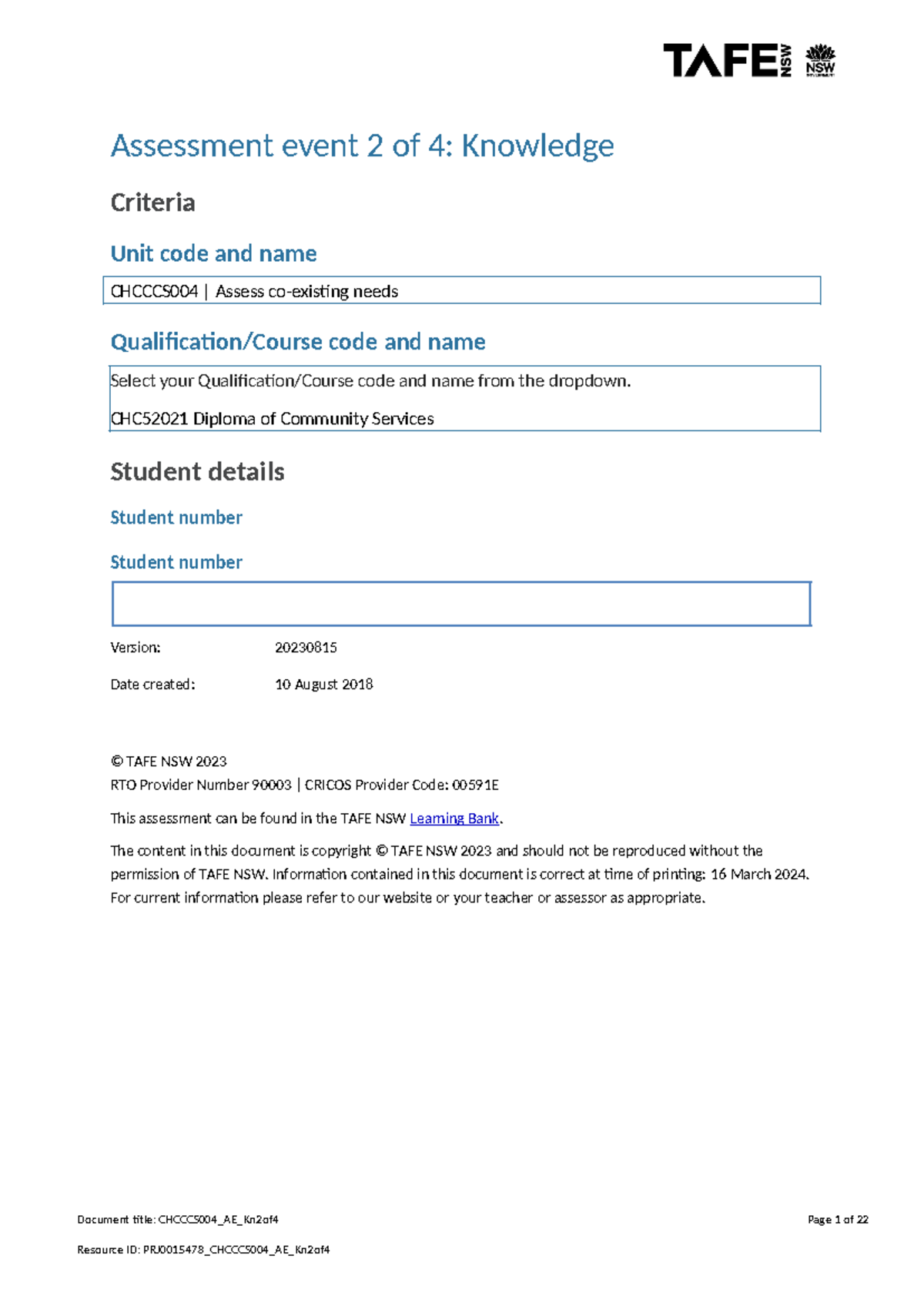 CHCCCS004 Assessment Event 2: Knowledge of Co-Existing Needs - Studocu