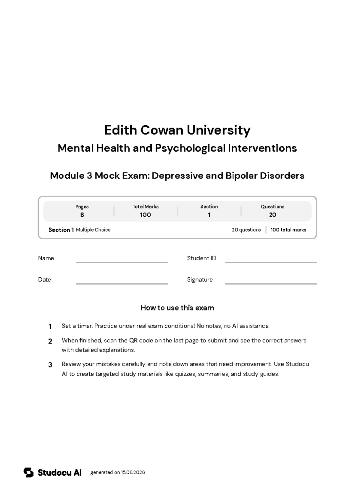 PSY 3456 Module 3 Mock Exam: Depressive & Bipolar Disorders - Studocu