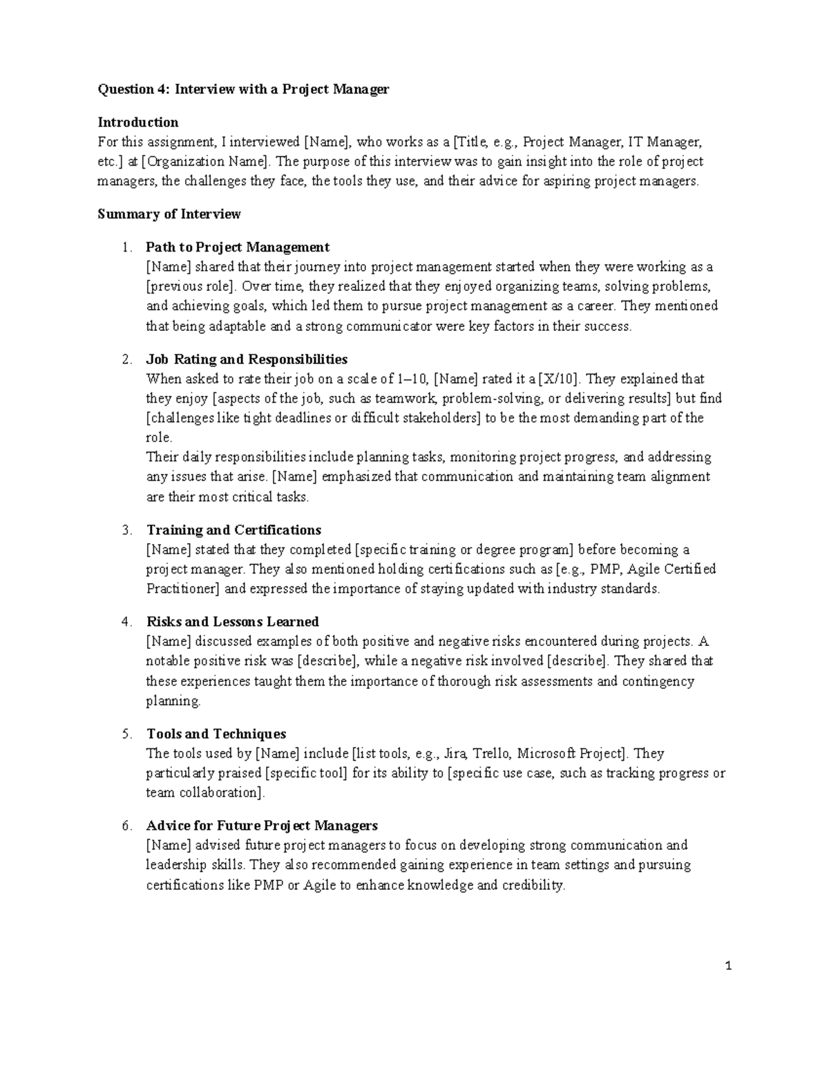 Tutorial 1 2023 - tut1 - Question 4: Interview with a Project Manager ...