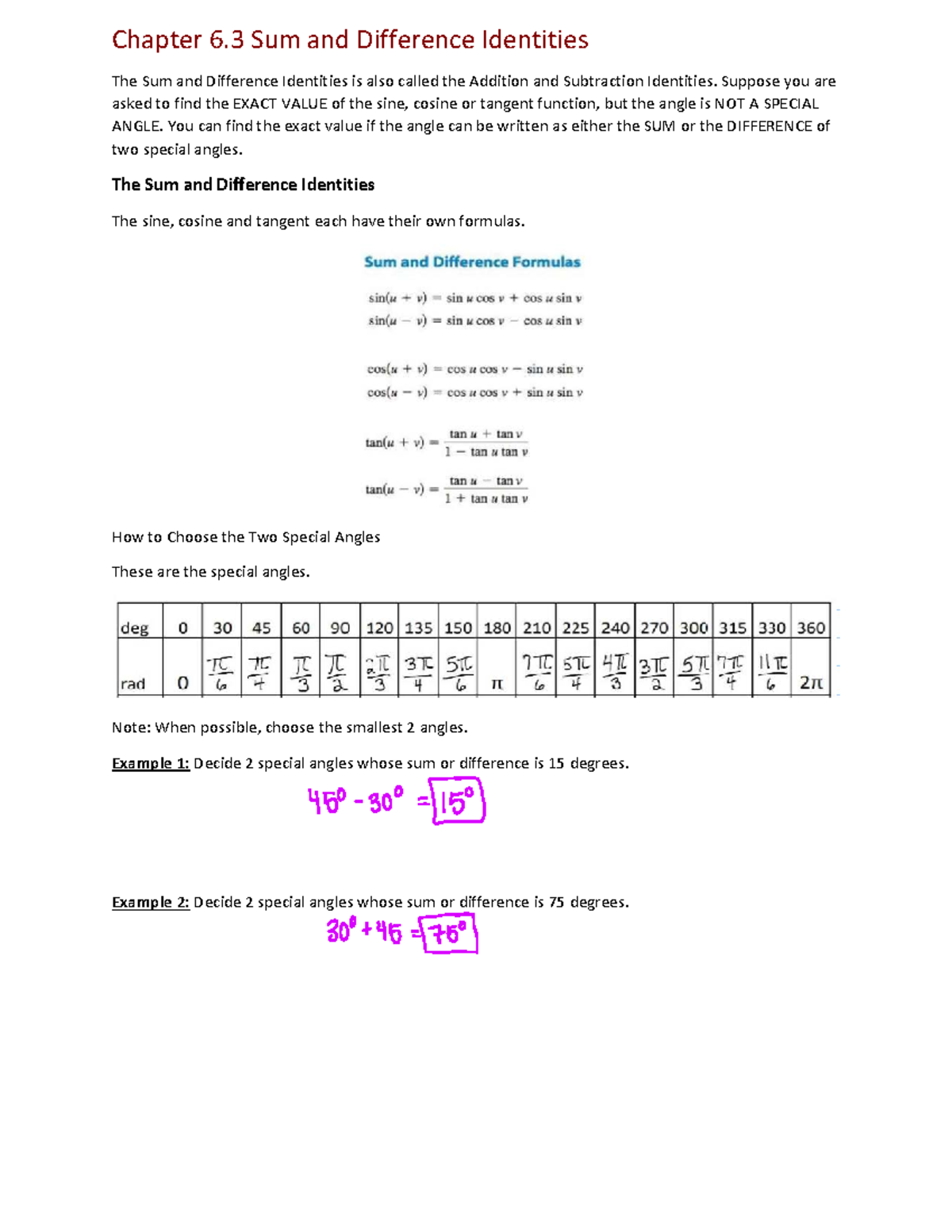 Chapter 6.3: Sum & Difference Identities in Trigonometry - Studocu