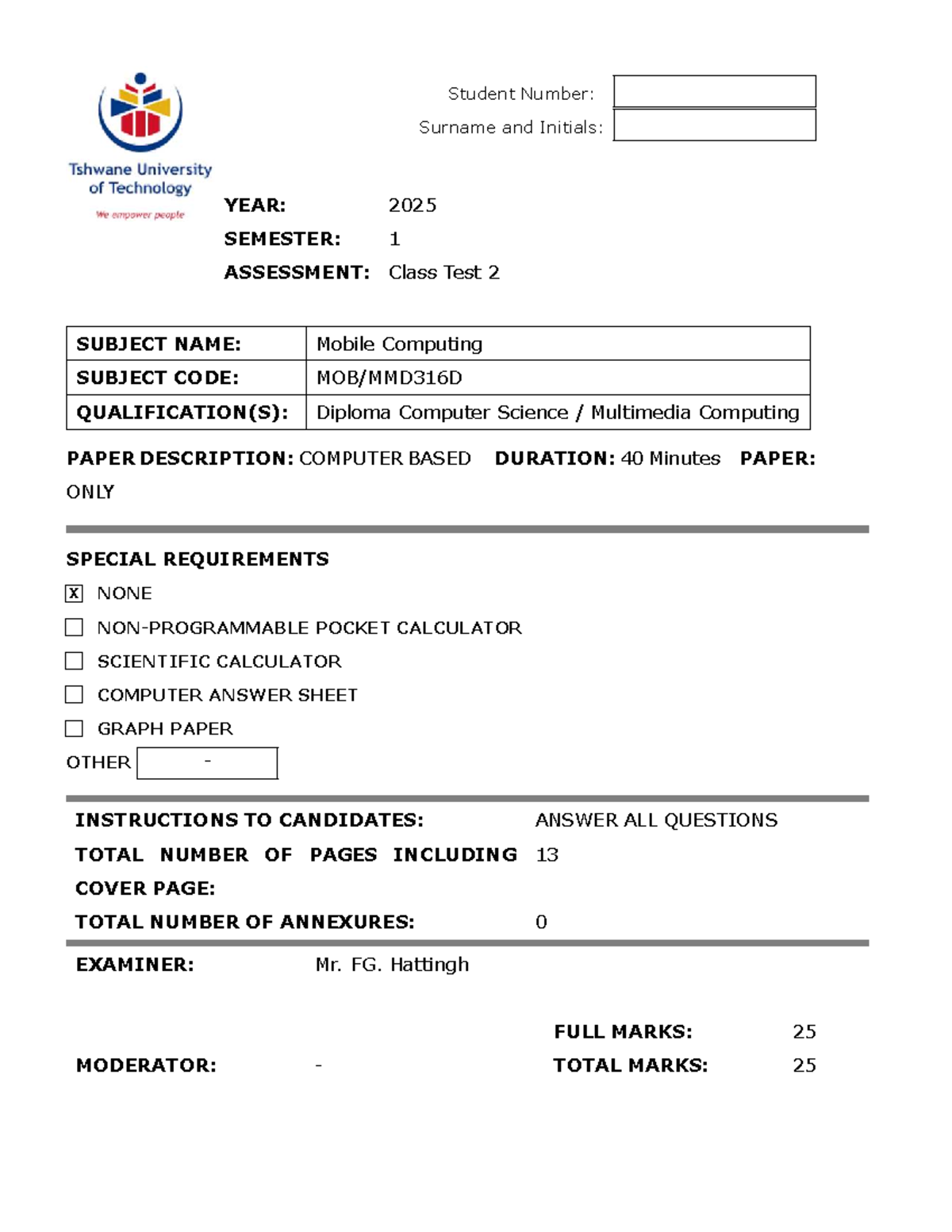 MOB316D Semester 1 Class Test 2: Mobile Computing Assessment 2025 - Studocu