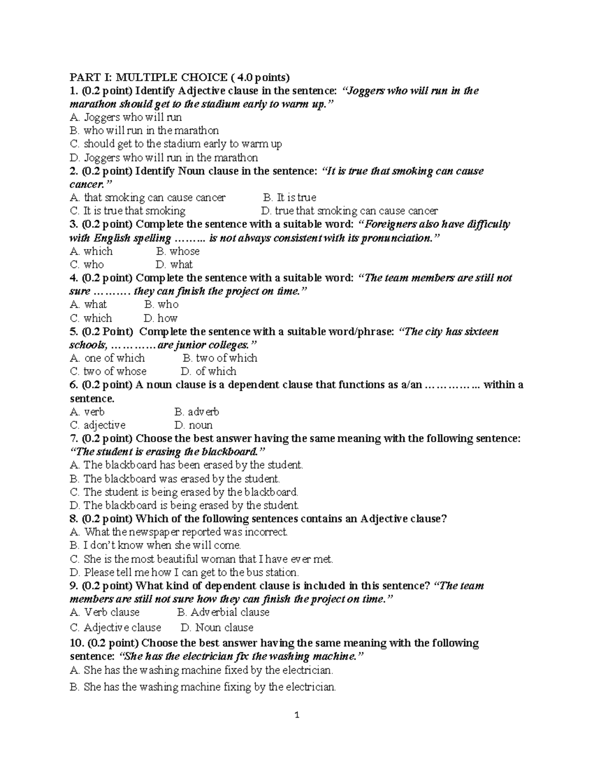 ENG217 - 1A - BÀI TẬP: Multiple Choice & Short Essay Practice - Studocu