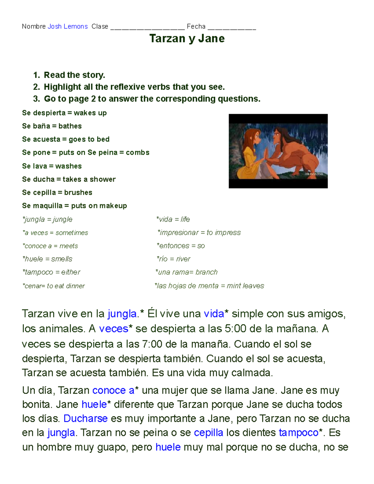 Tarzan y Jane: Reflexive Verbs & Reading Comprehension (Clase) - Studocu