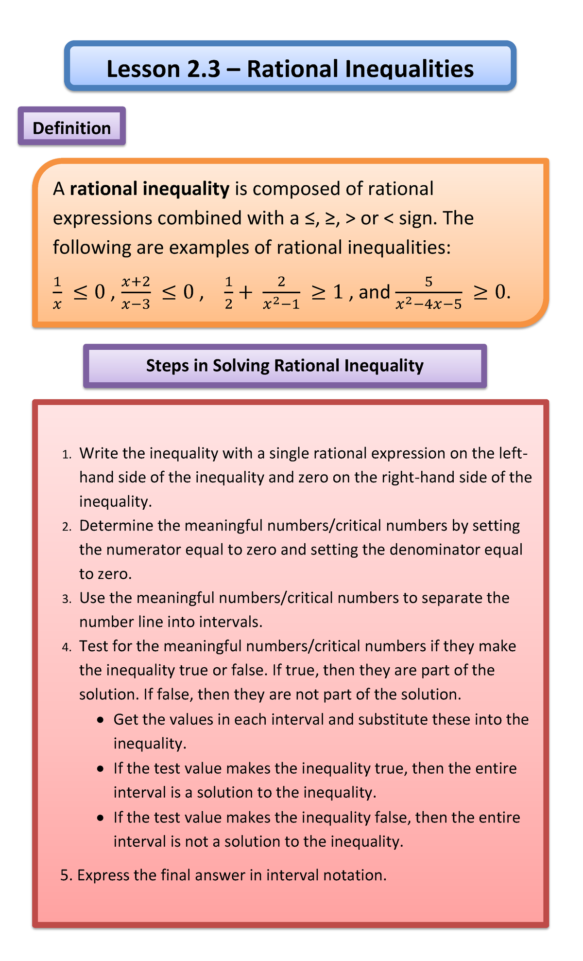 Rational Inequalities: Lesson 2.3 Guide to Solutions and Steps - Studocu