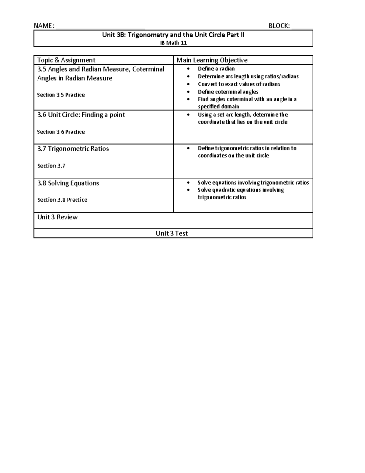 Unit 3B: Trigonometry and the Unit Circle Notes - IB Math 11 - Studocu
