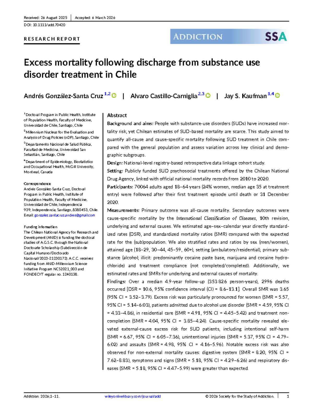 Excess Mortality After SUD Treatment in Chile: A Cohort Study ...