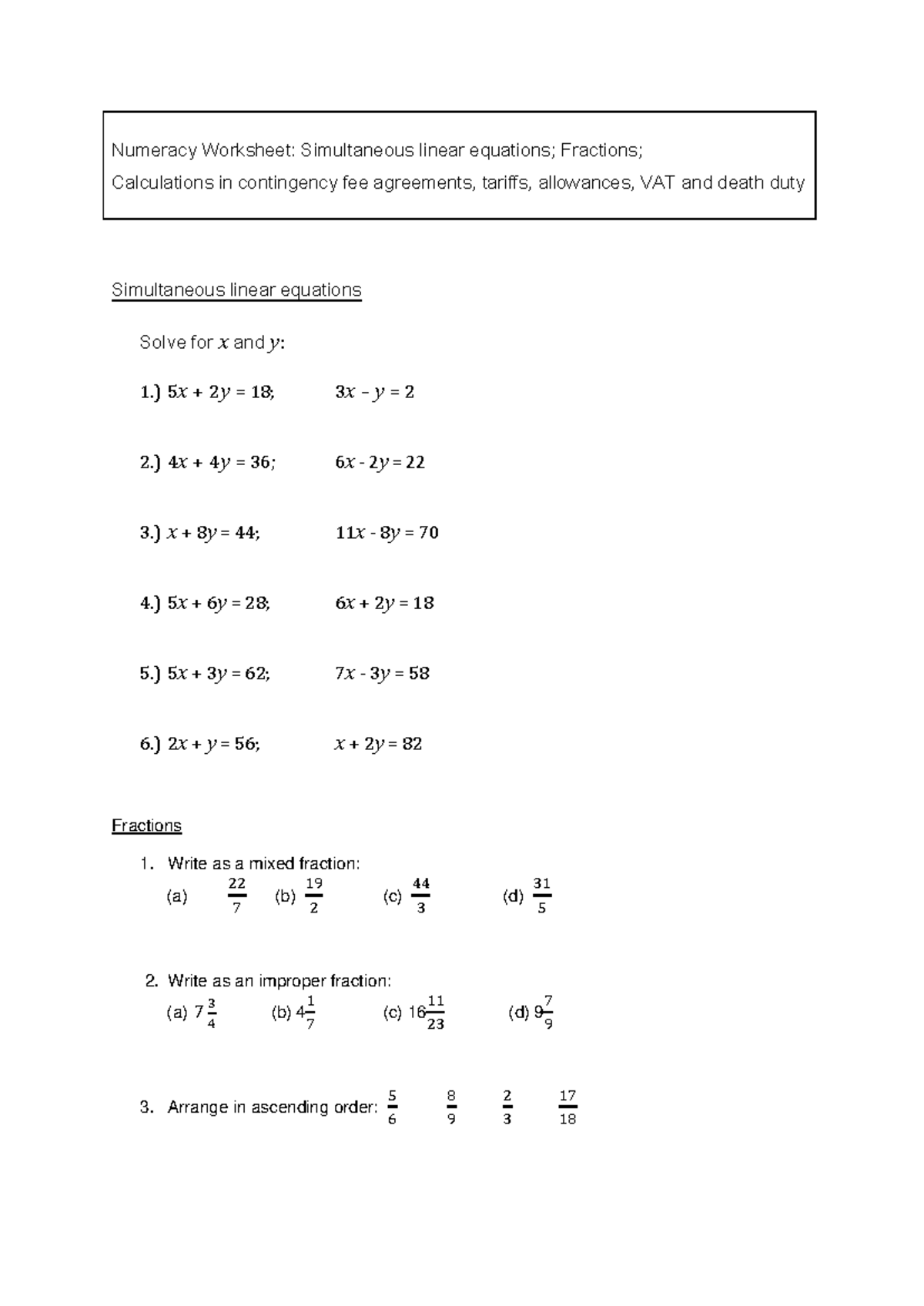 Numeracy Worksheet for Simultaneous Equations & Fractions (2019) - Studocu