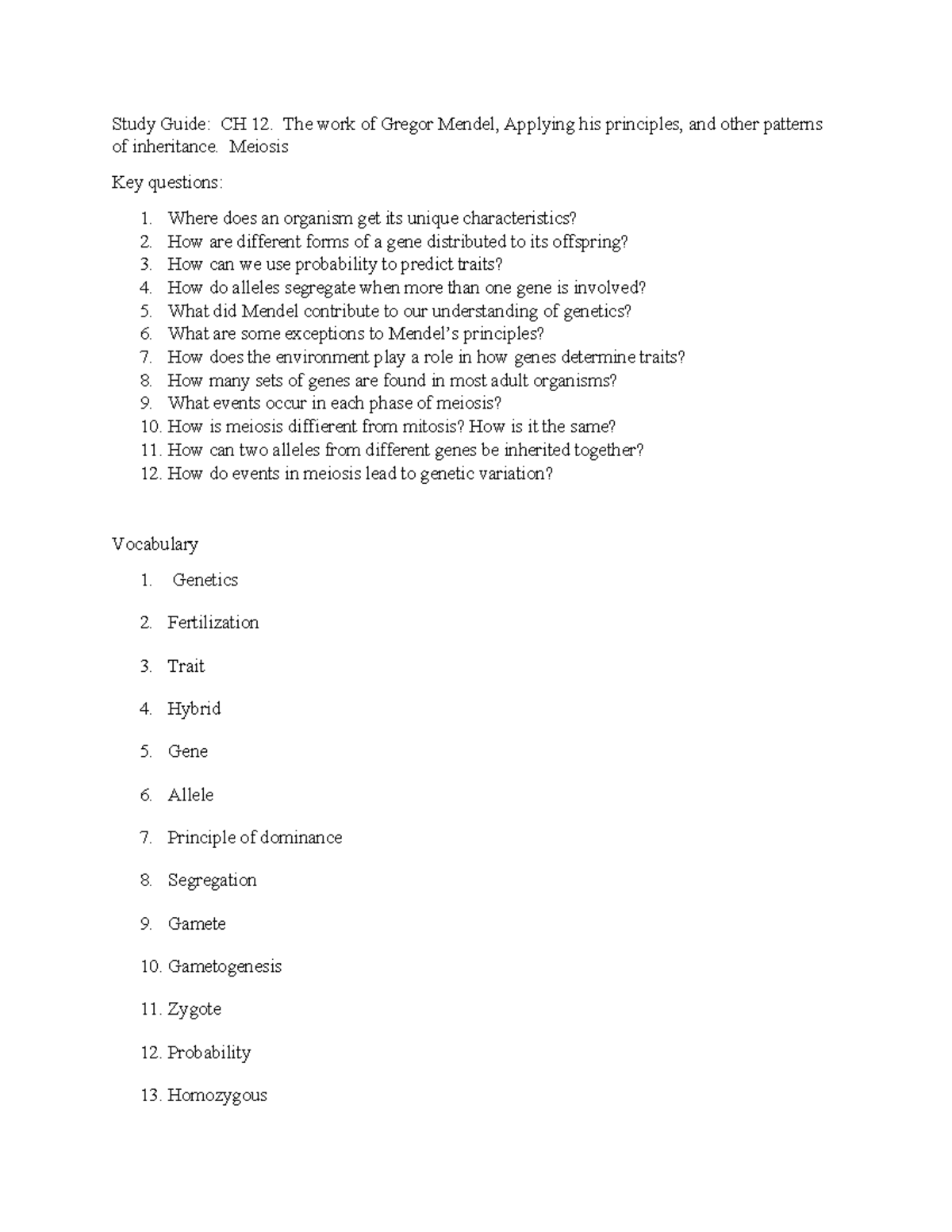 Study Guide: Genetics & Meiosis (CH 12) - Mendel's Principles ...