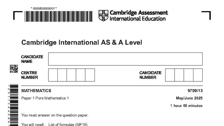 Cambridge International AS A Level 9709 Mathematics Paper 1 Pure Math ...