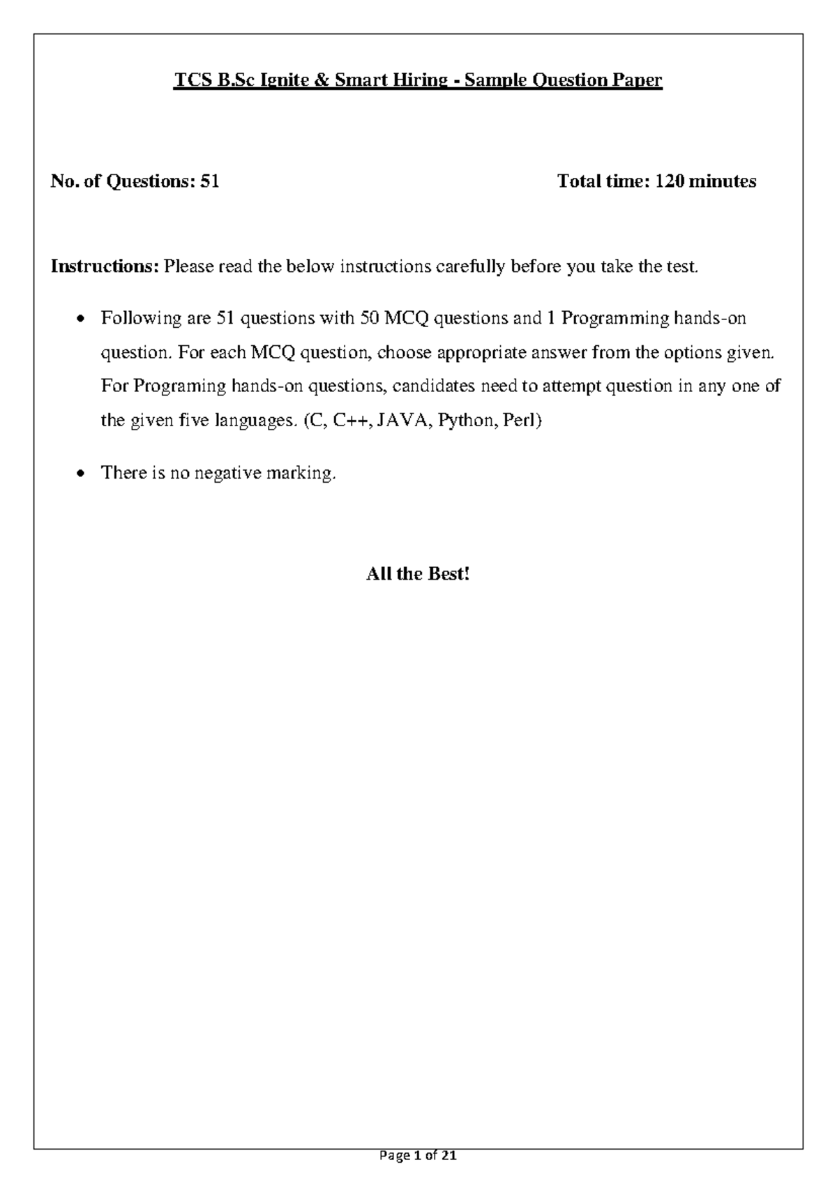 TCS B Ignite Sample QP: Verbal, Numerical & Reasoning Ability - Studocu
