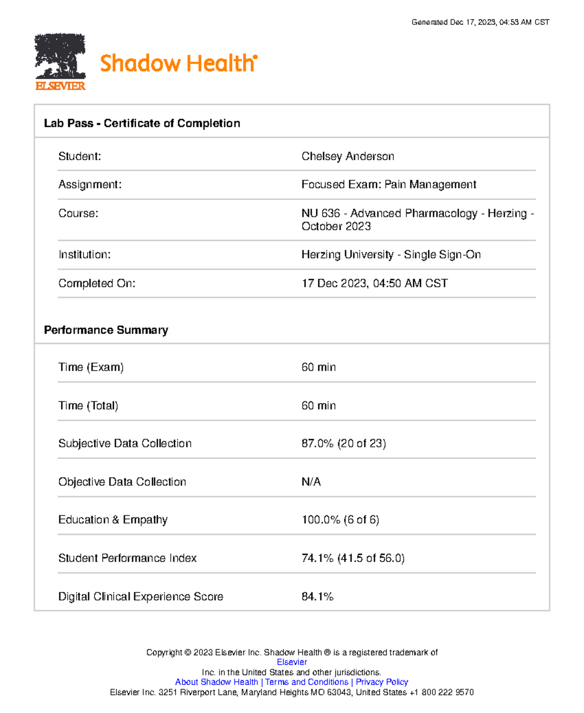 NU 636 Pain Management Lab Pass - Certificate of Completion - Studocu