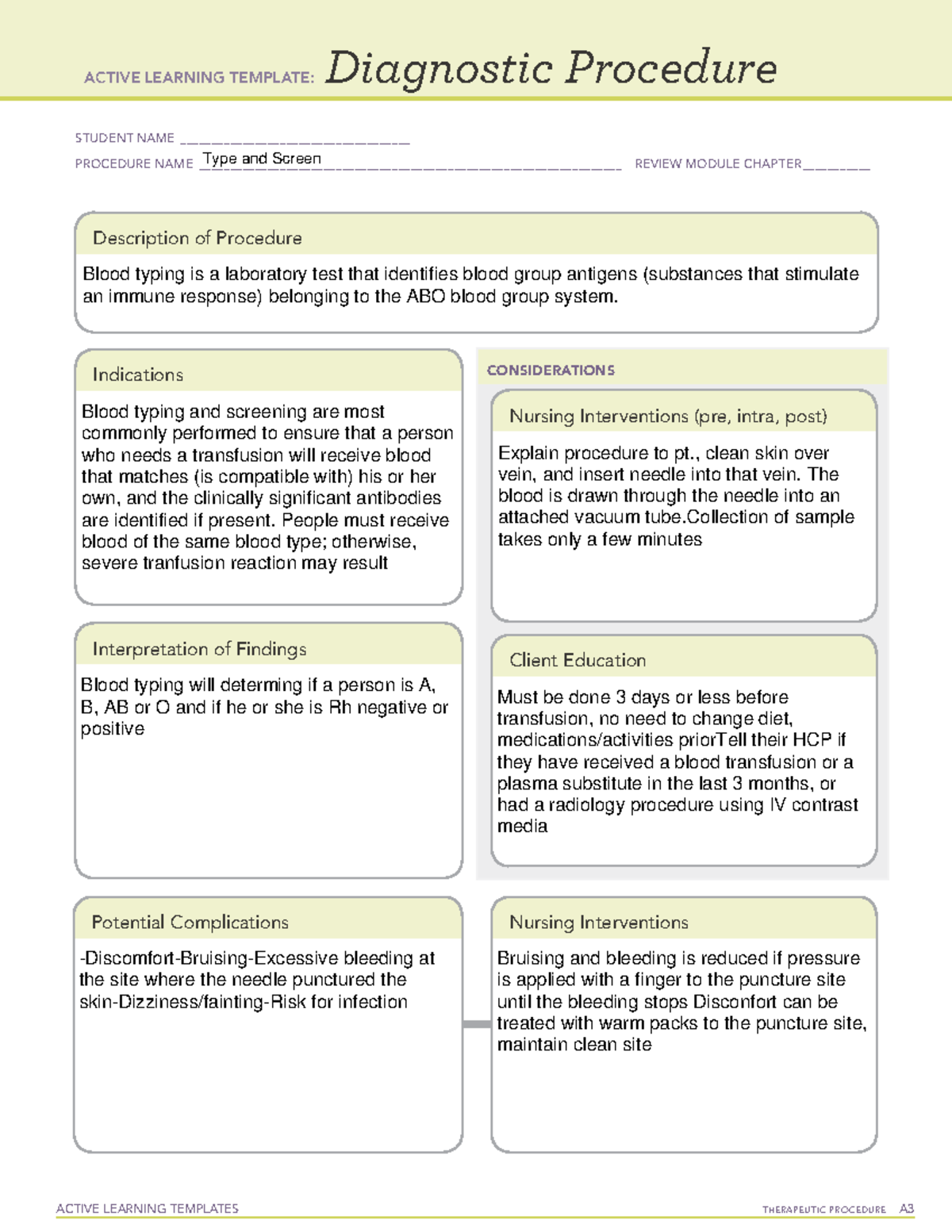 ATI Therapeutic Procedure Sheet: Type and Screen Overview - Studocu