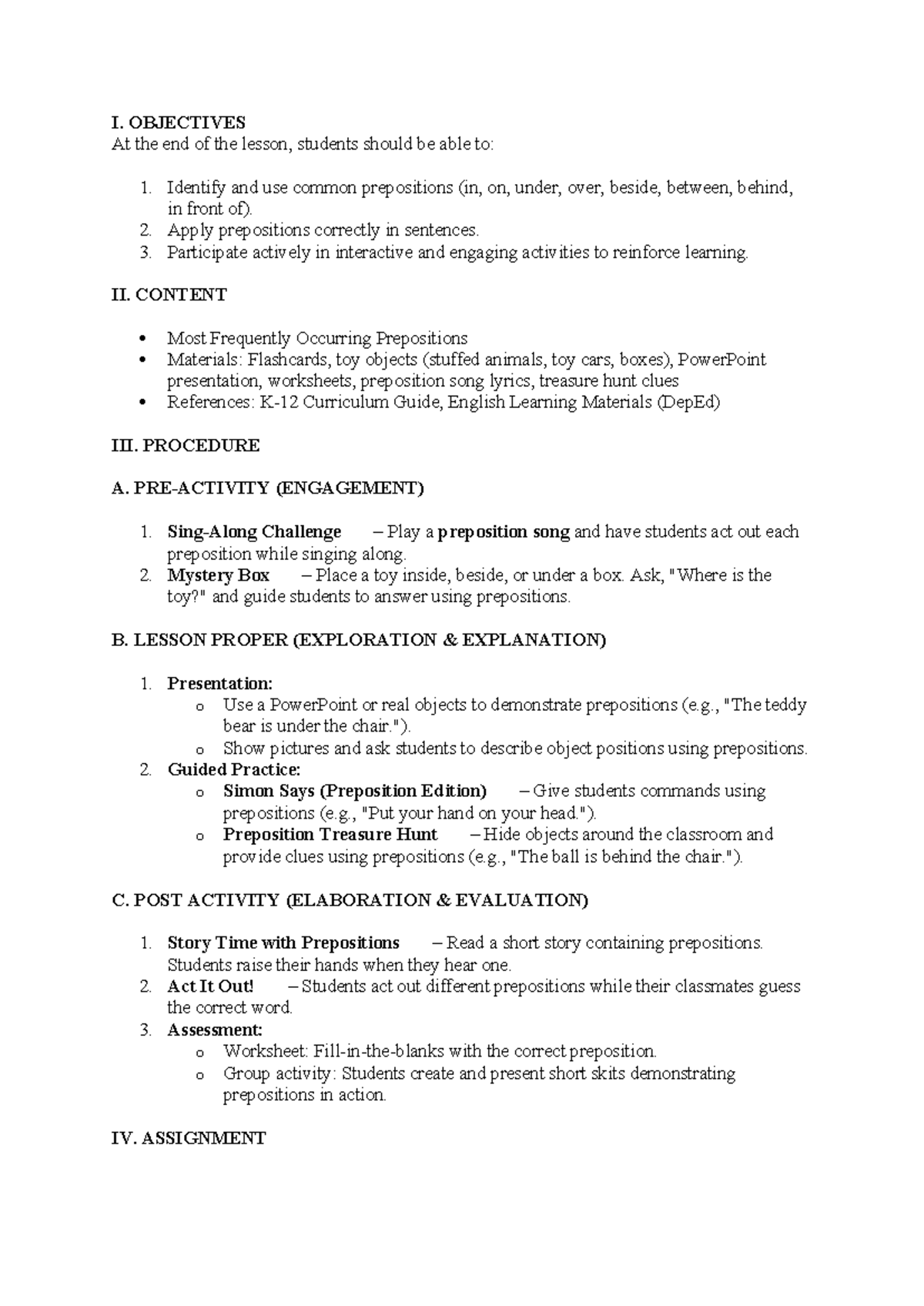 COT - n/a - I. OBJECTIVES At the end of the lesson, students should be ...