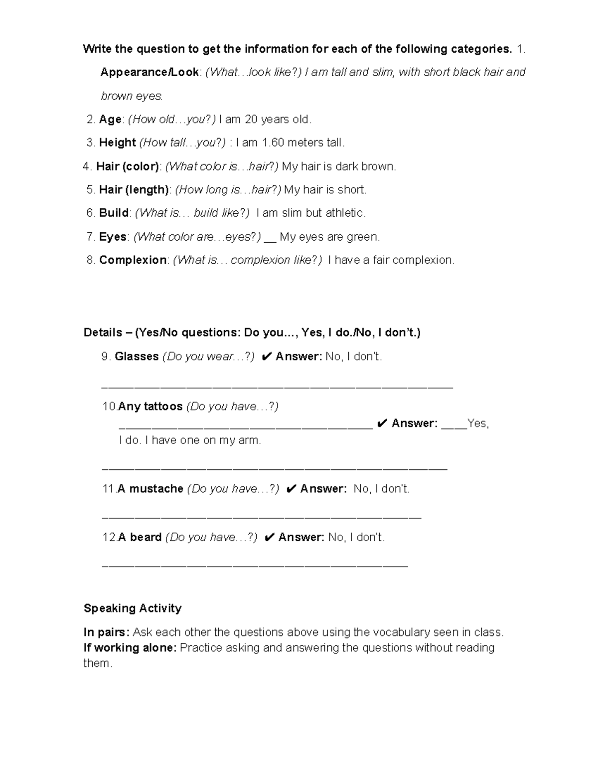 04 Grammar A Worksheet 1 - Write the question to get the information ...