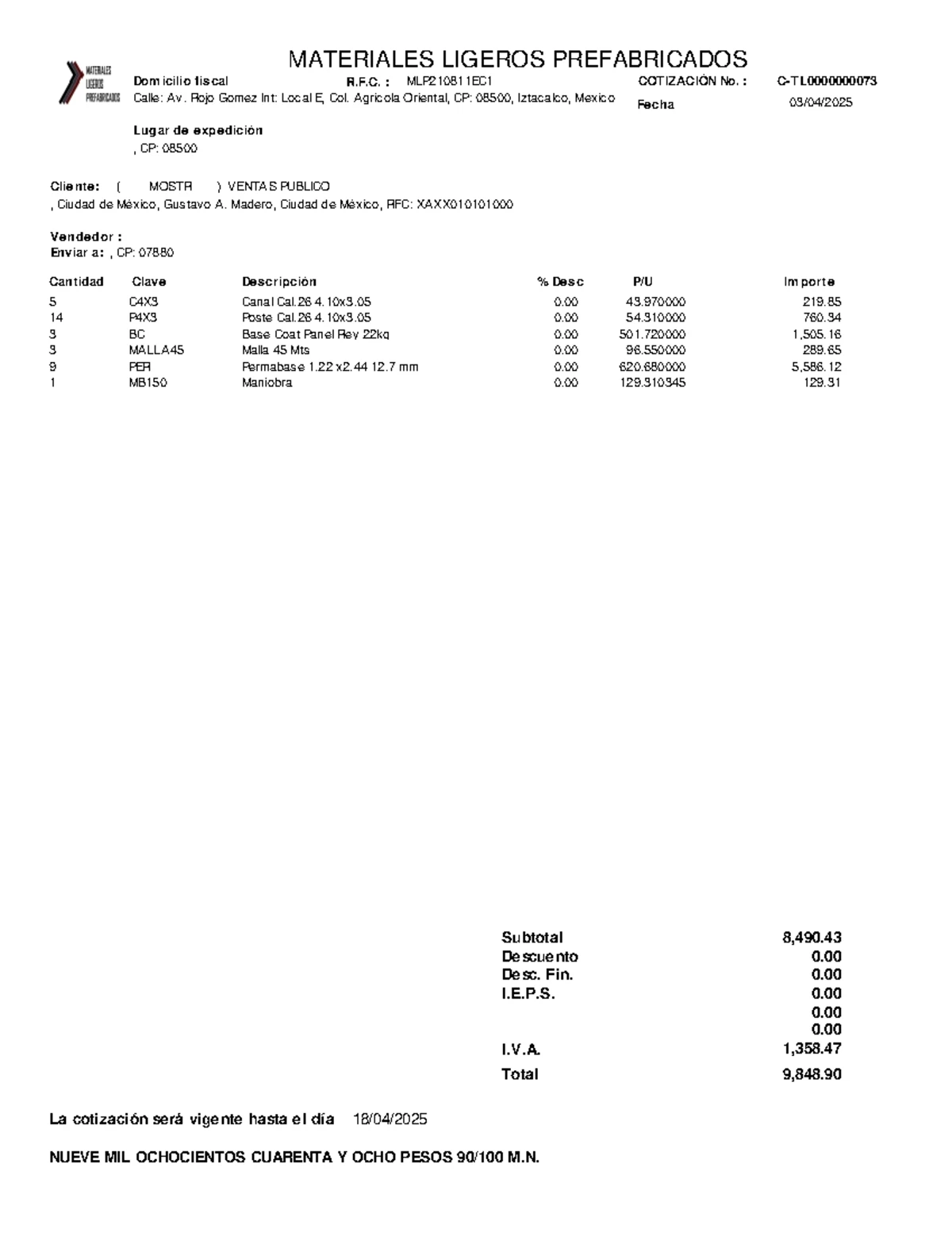 COTIZACIÓN MATERIALES LIGEROS PREFABRICADOS MLP210811EC1 - Studocu