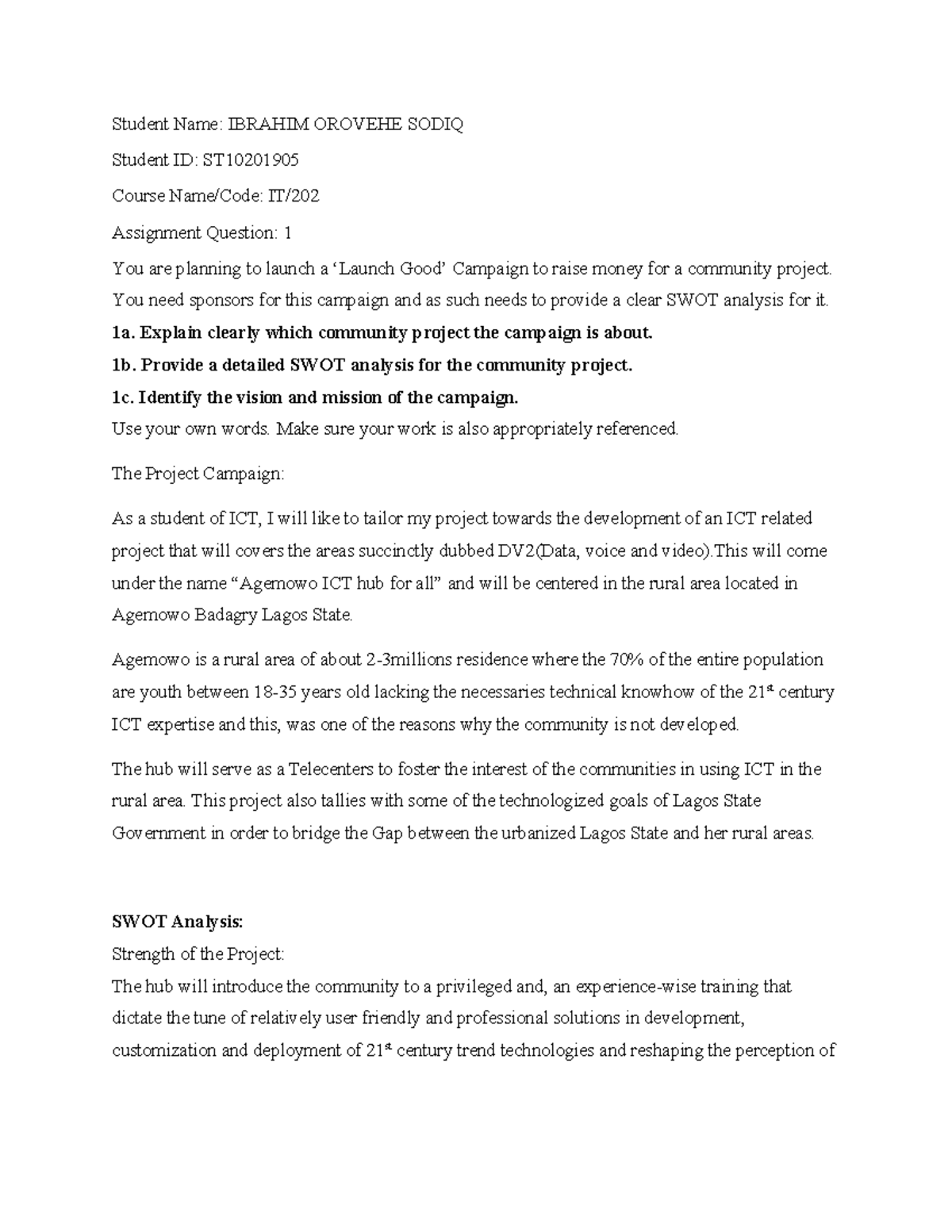 IT202 Ibrahim - SWOT Analysis for ICT Hub Project in Rural Area - Studocu