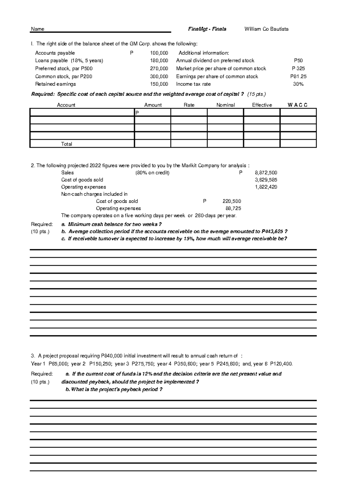 Final Exam: Financial Management 2021 (FINMA) Analysis & Calculations ...