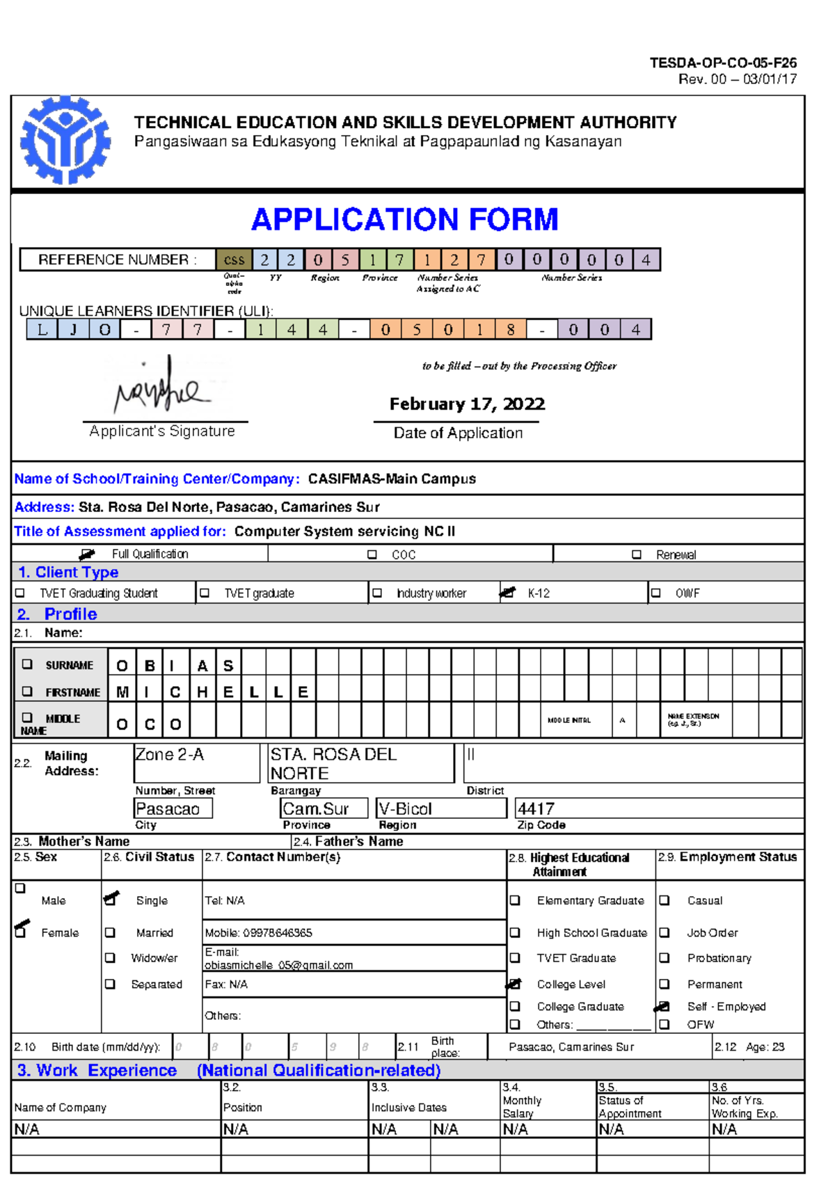 Sample Application Form for Computer System Servicing NC II - Studocu