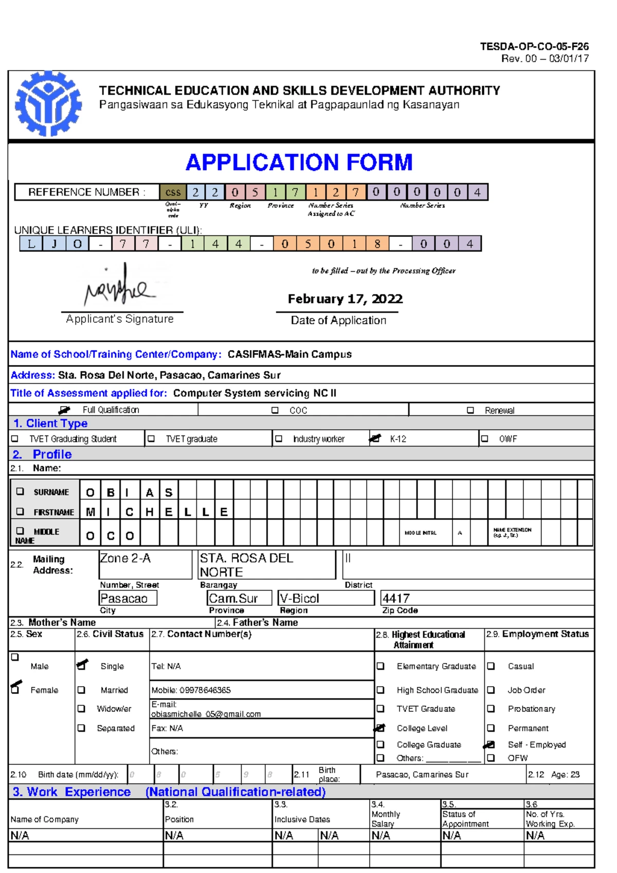 Sample Rating Sheets 2 in Conducting Competency Assessment - TESDA-OP ...