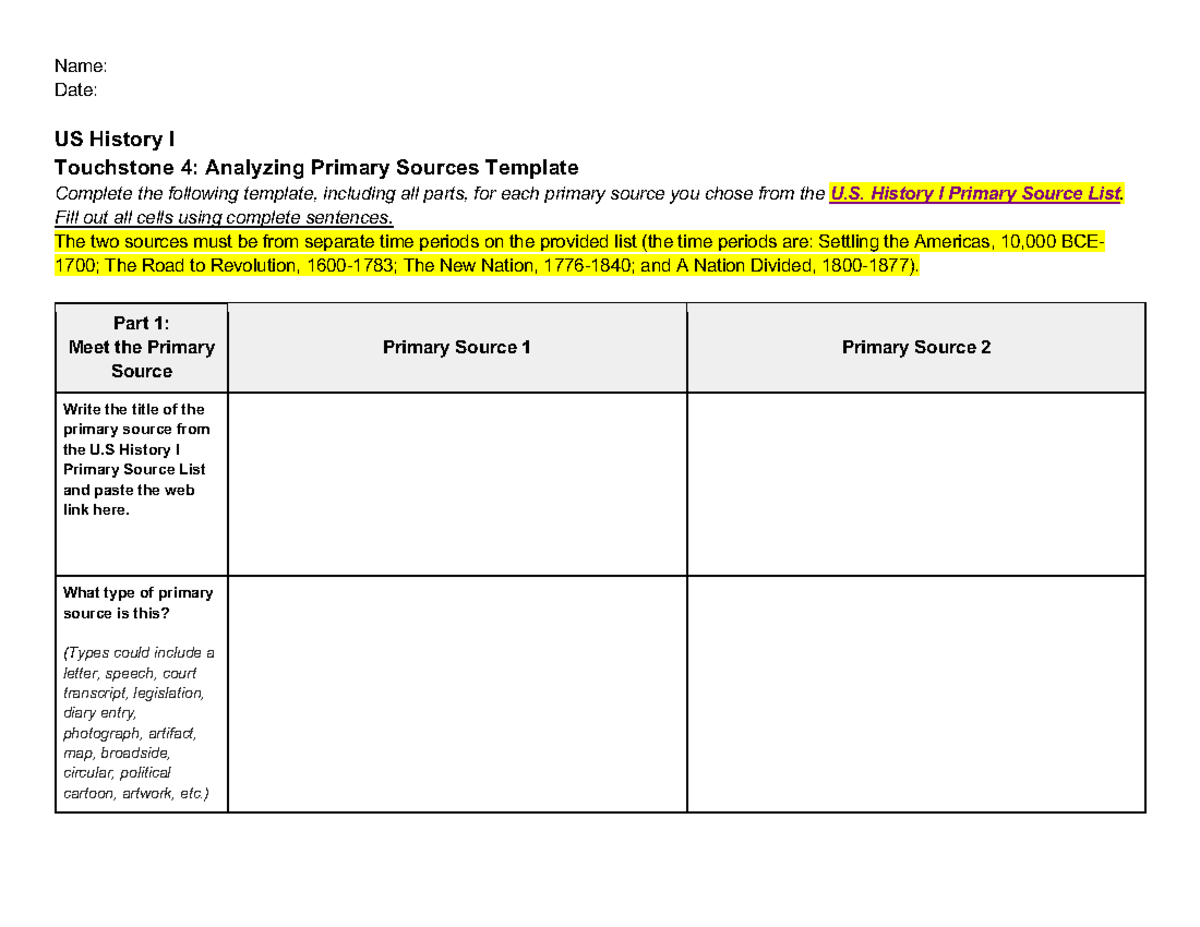 US History I Touchstone 4: Analyzing Primary Sources Template - Studocu