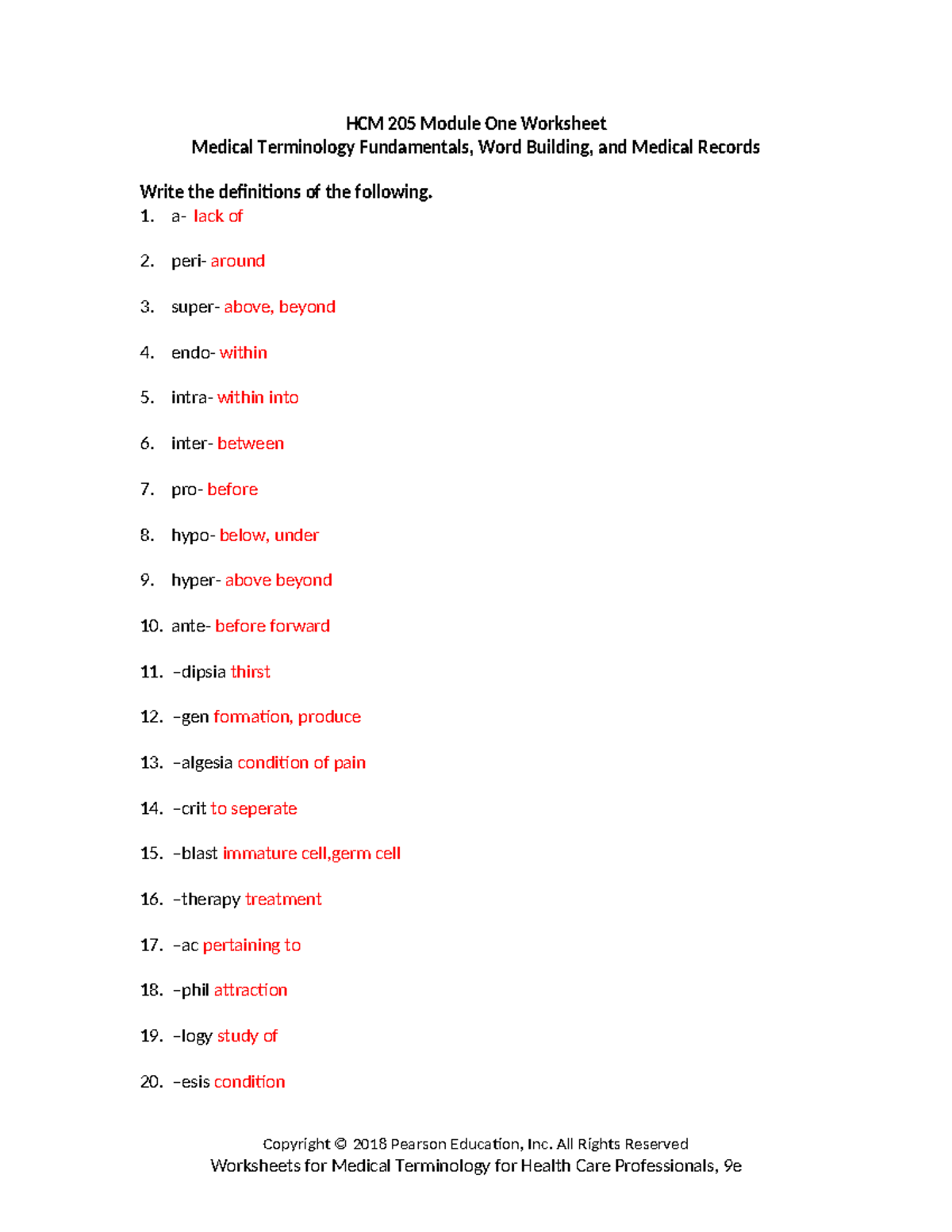 HCM 205 Module One Worksheet: Medical Terminology & Word Building - Studocu